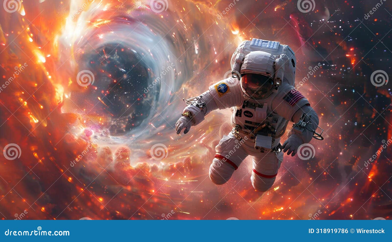 An Astronaut Flying in a White Space Suit through a Vortex Stock ...