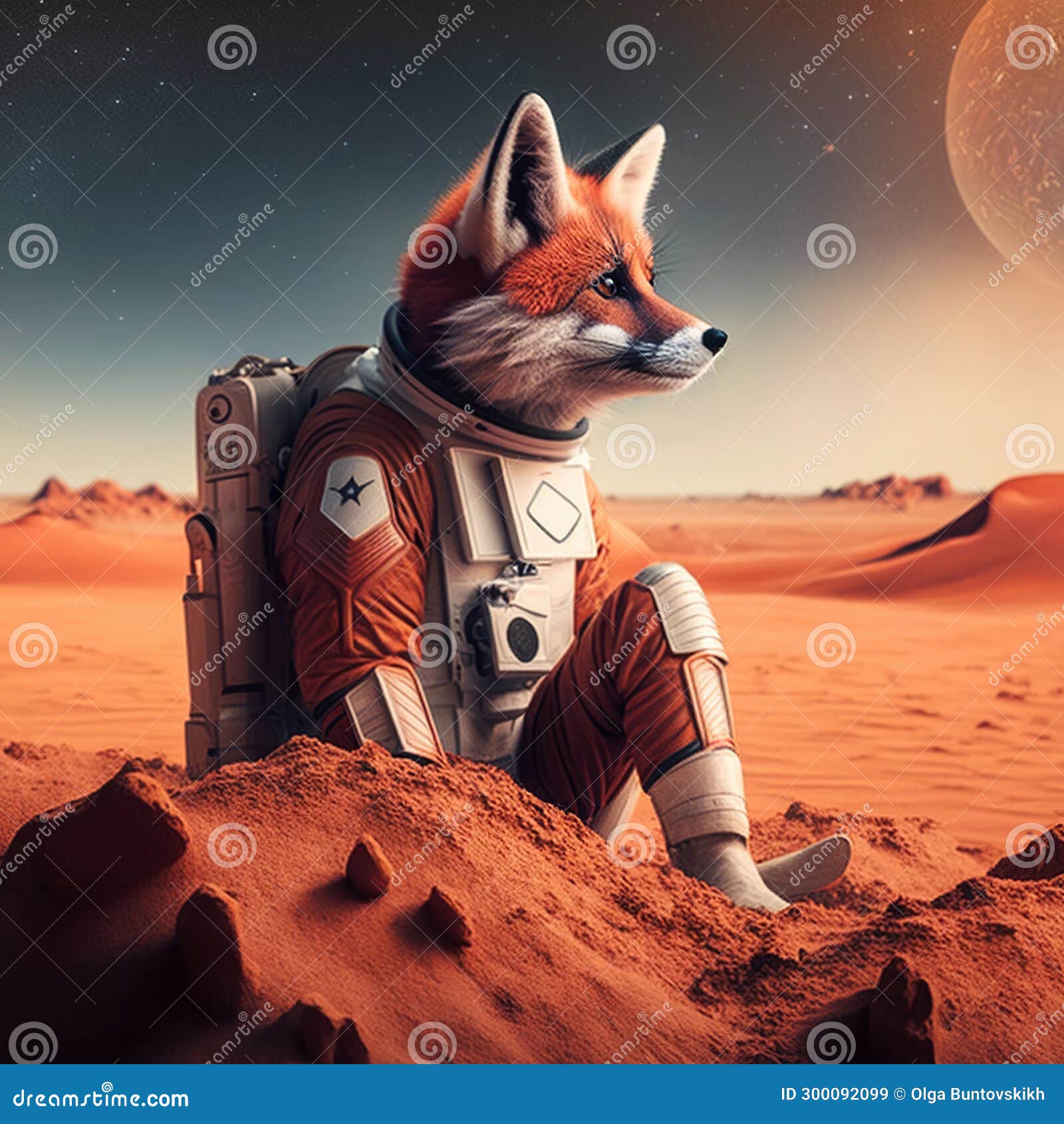 An Astronaut Fox In A White Suit On A Red Planet With A Starry Sky And ...