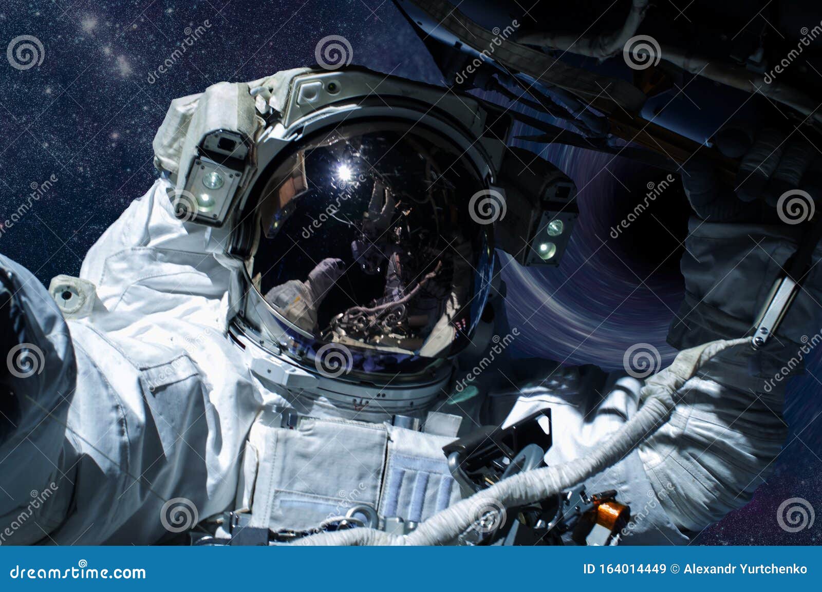 Astronaut in a Front of Black Hole Somewhere in Space Stock Image ...