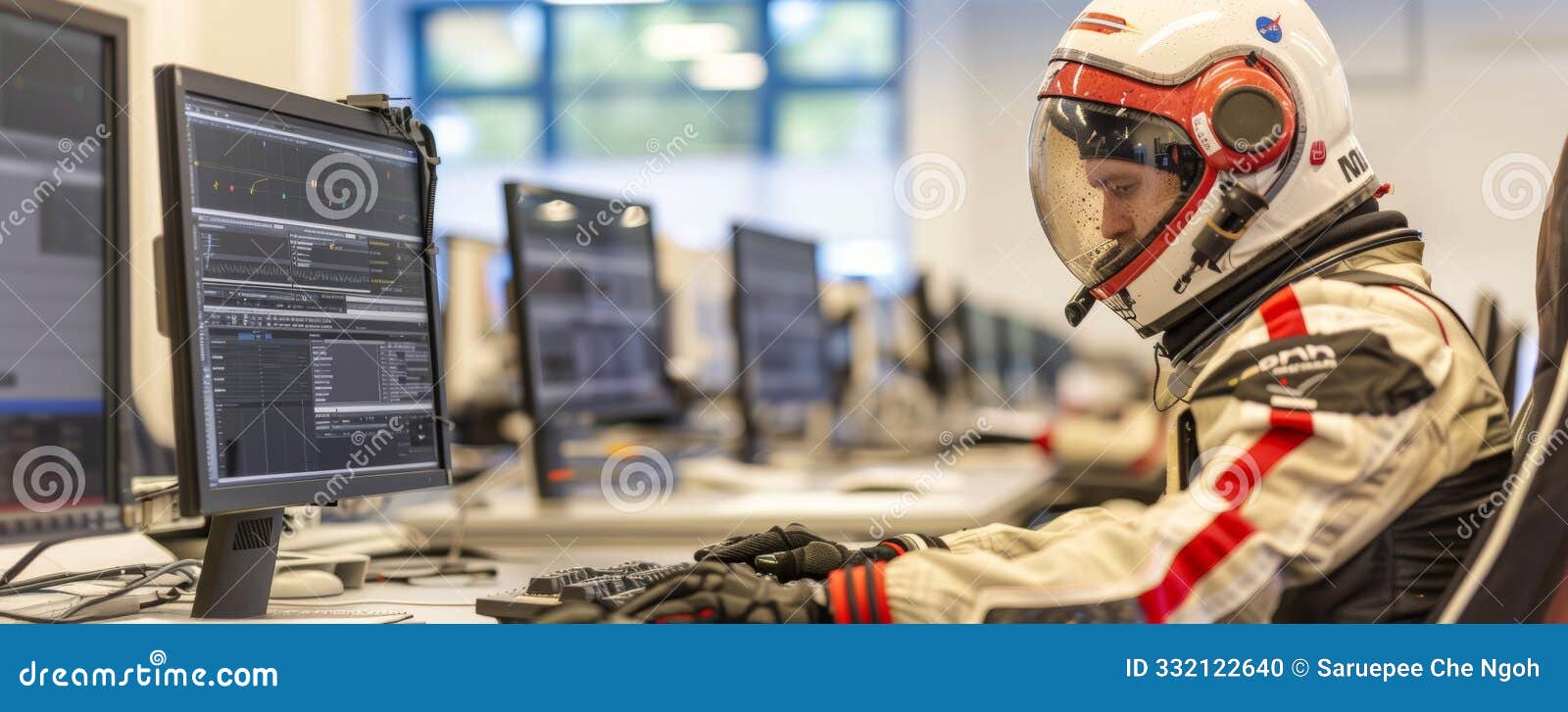 Astronaut in Full Space Suit Working on Computer in Modern Office ...
