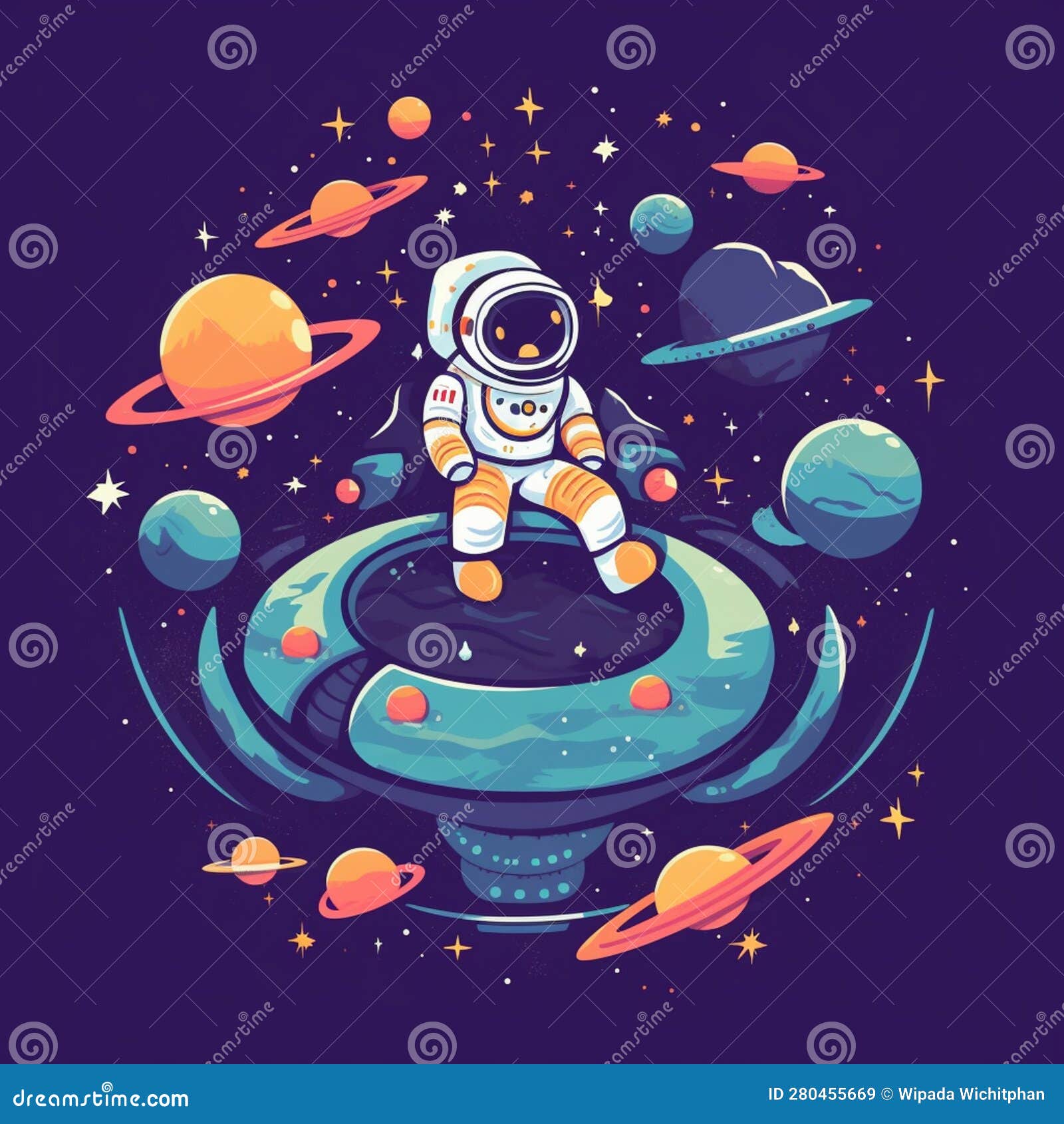 Astronaut in the Galaxy Background Cartoon Illustration Stock ...