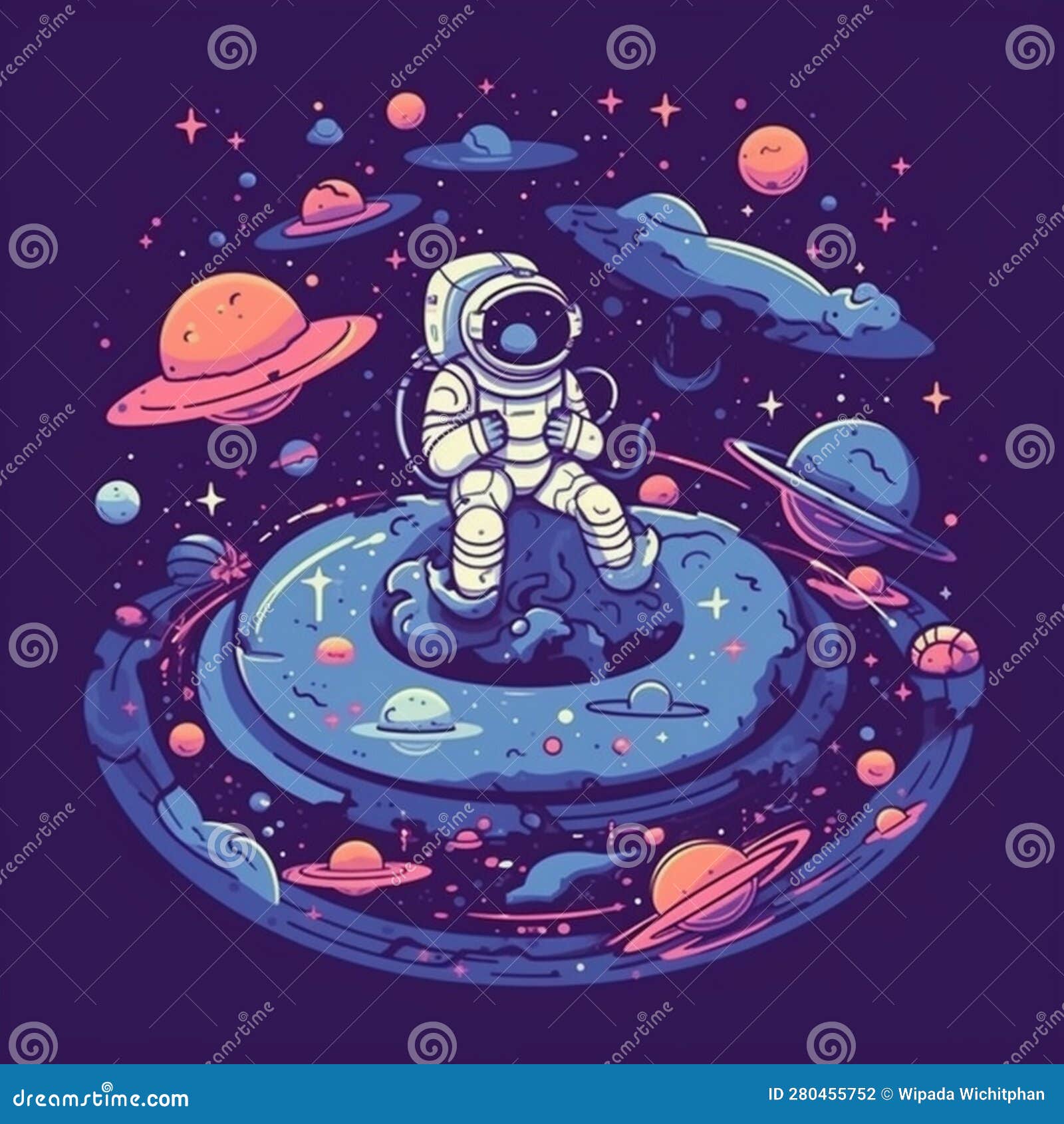 Astronaut in the Galaxy Background Cartoon Illustration Stock ...