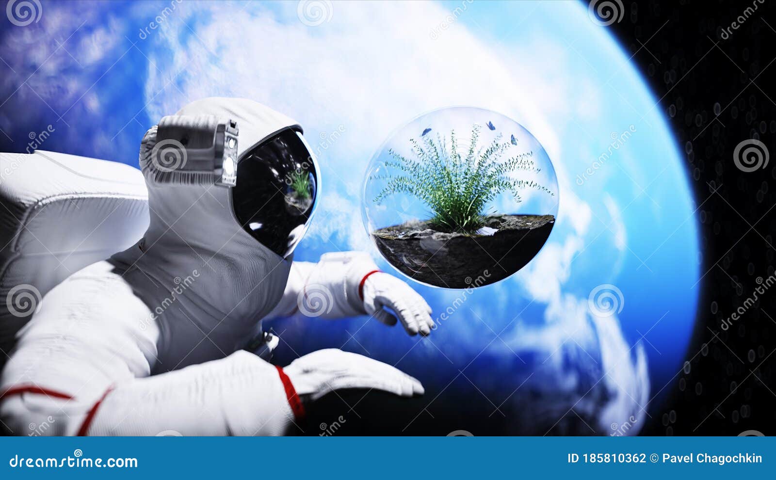 Astronaut and Grass in Glass Sphere in Outer Space. Ecology Concept. 3d ...