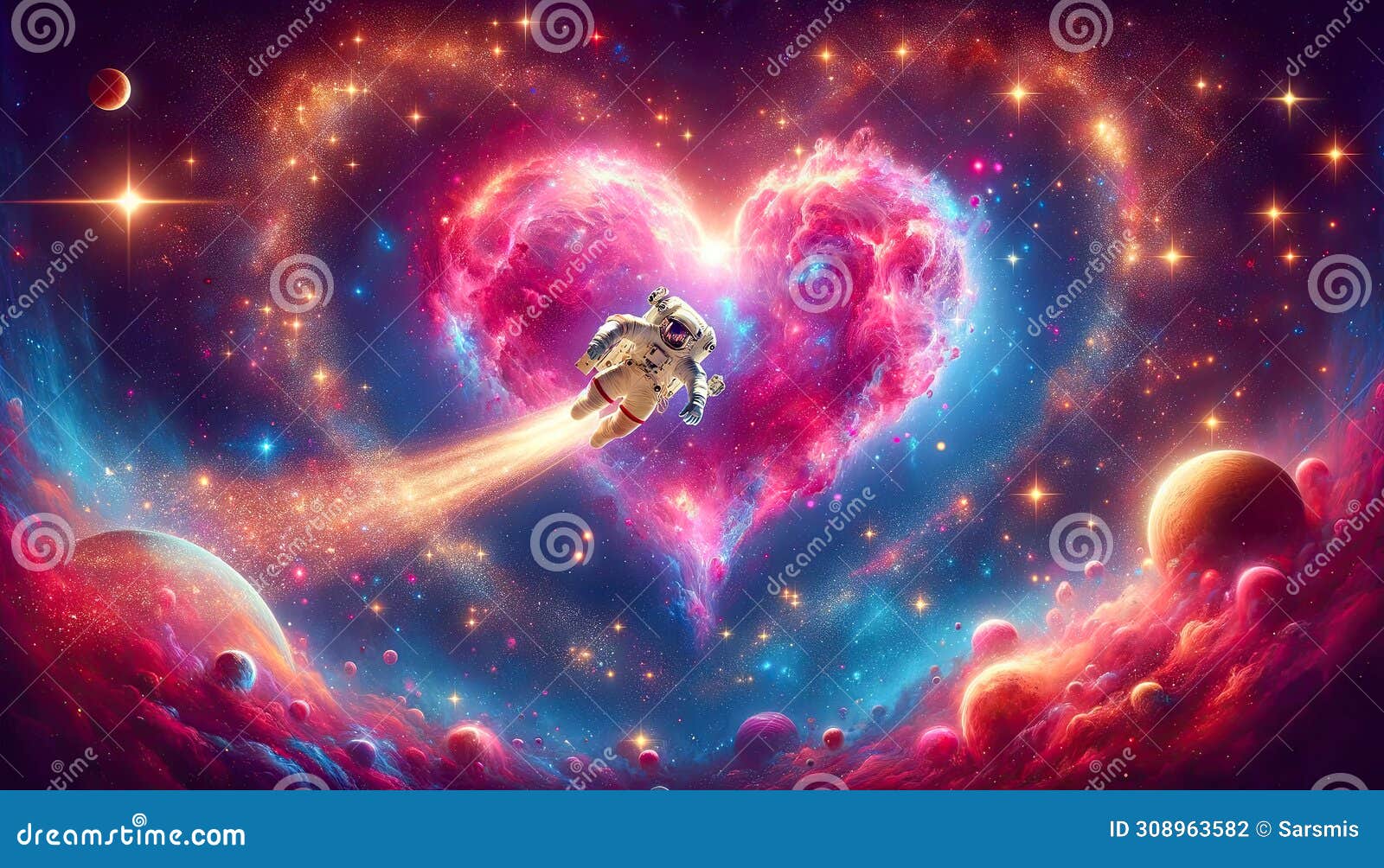 Astronaut in Heart-Shaped Cosmic Nebula Stock Illustration ...
