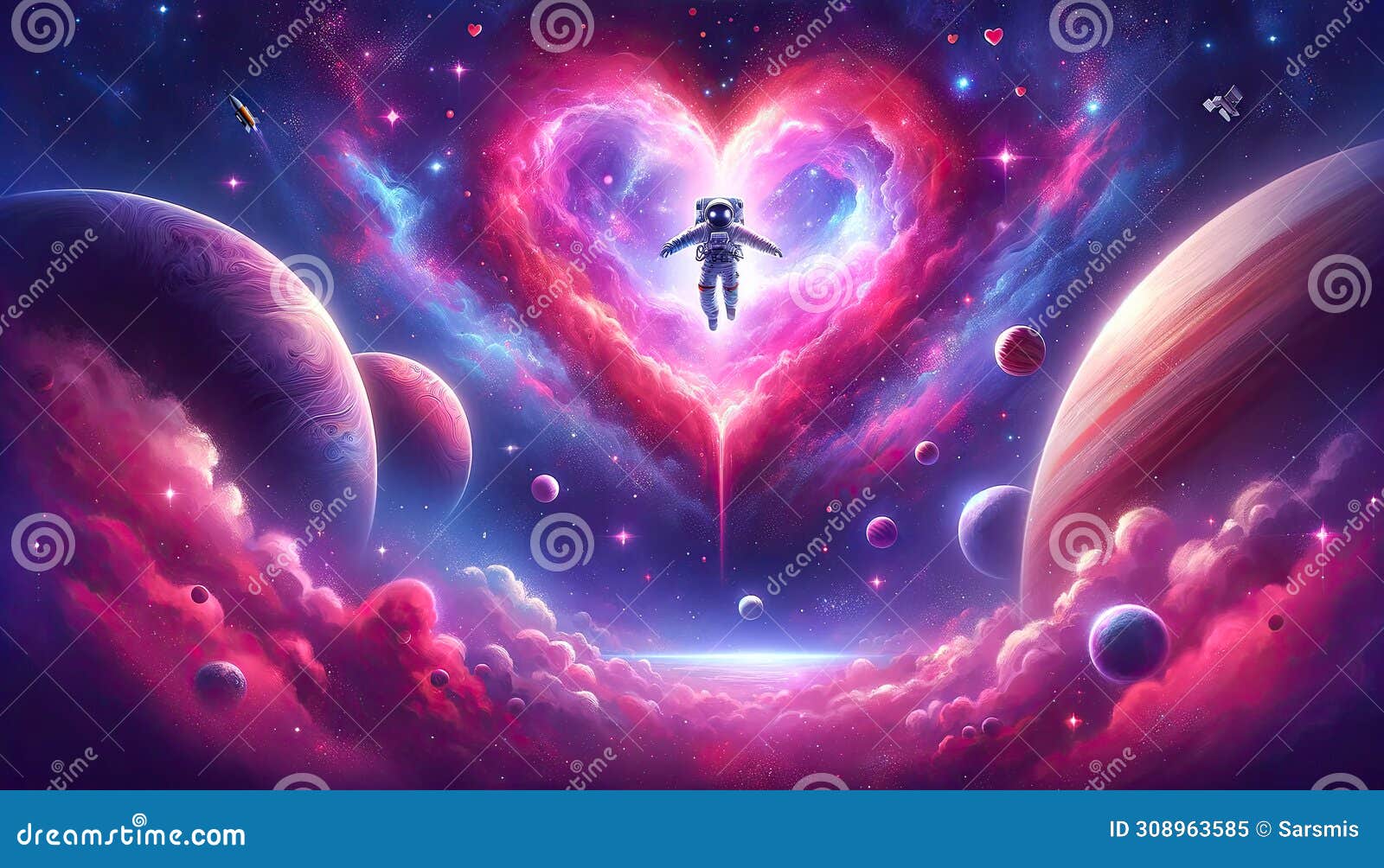 Astronaut in Heart-Shaped Cosmic Nebula Stock Illustration ...