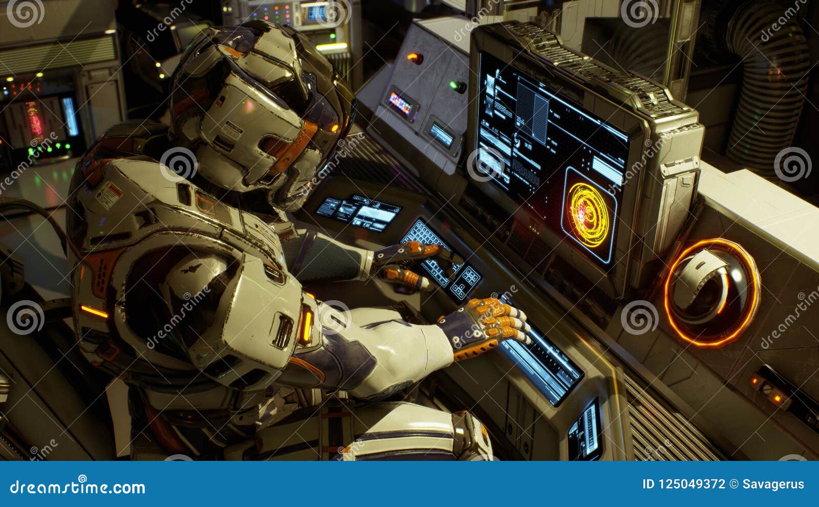 The Astronaut on His Spaceship Running on a Computer. 3D Rendering ...