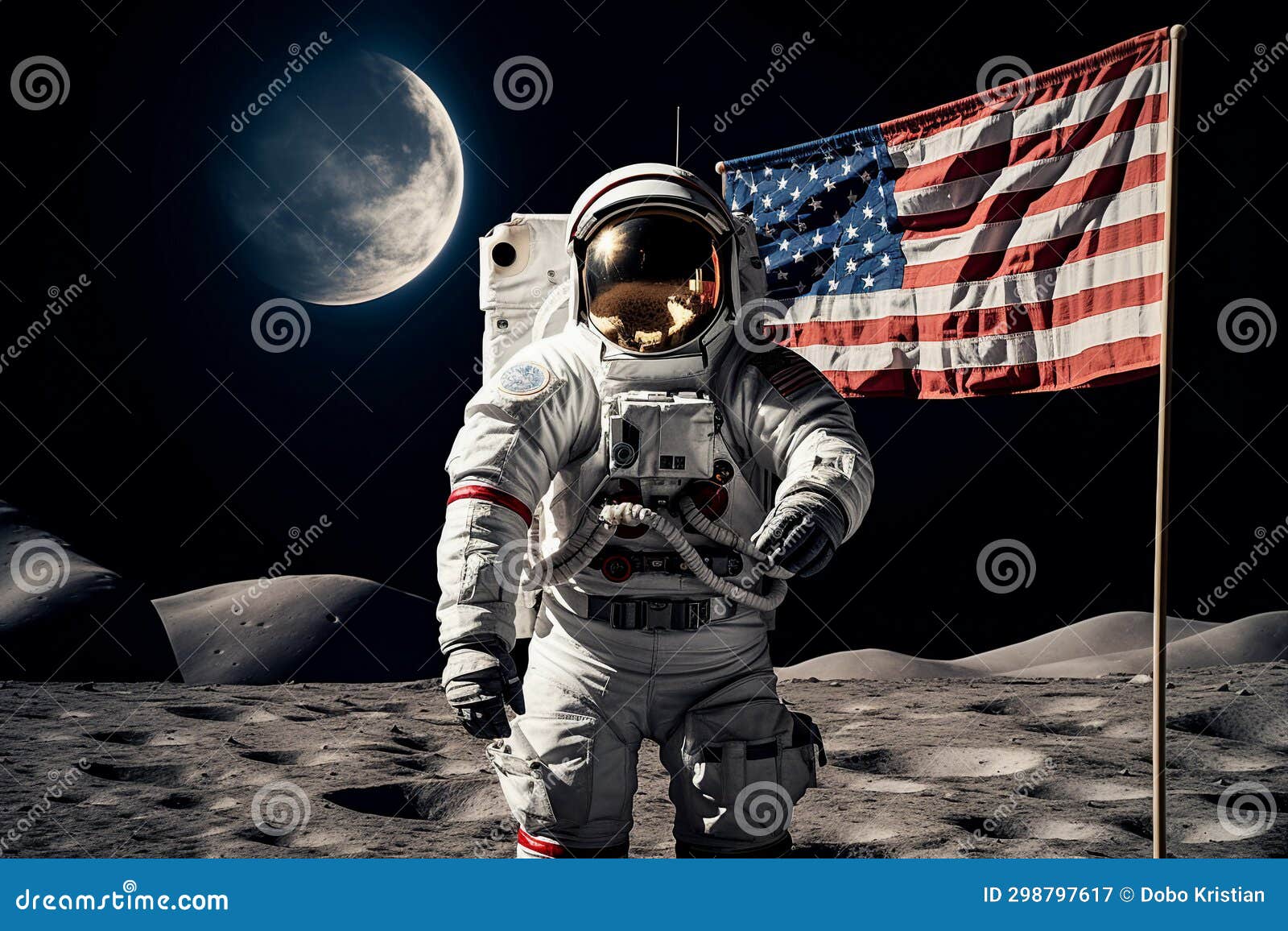 Astronaut with usa flag stock illustration. Illustration of lunar ...