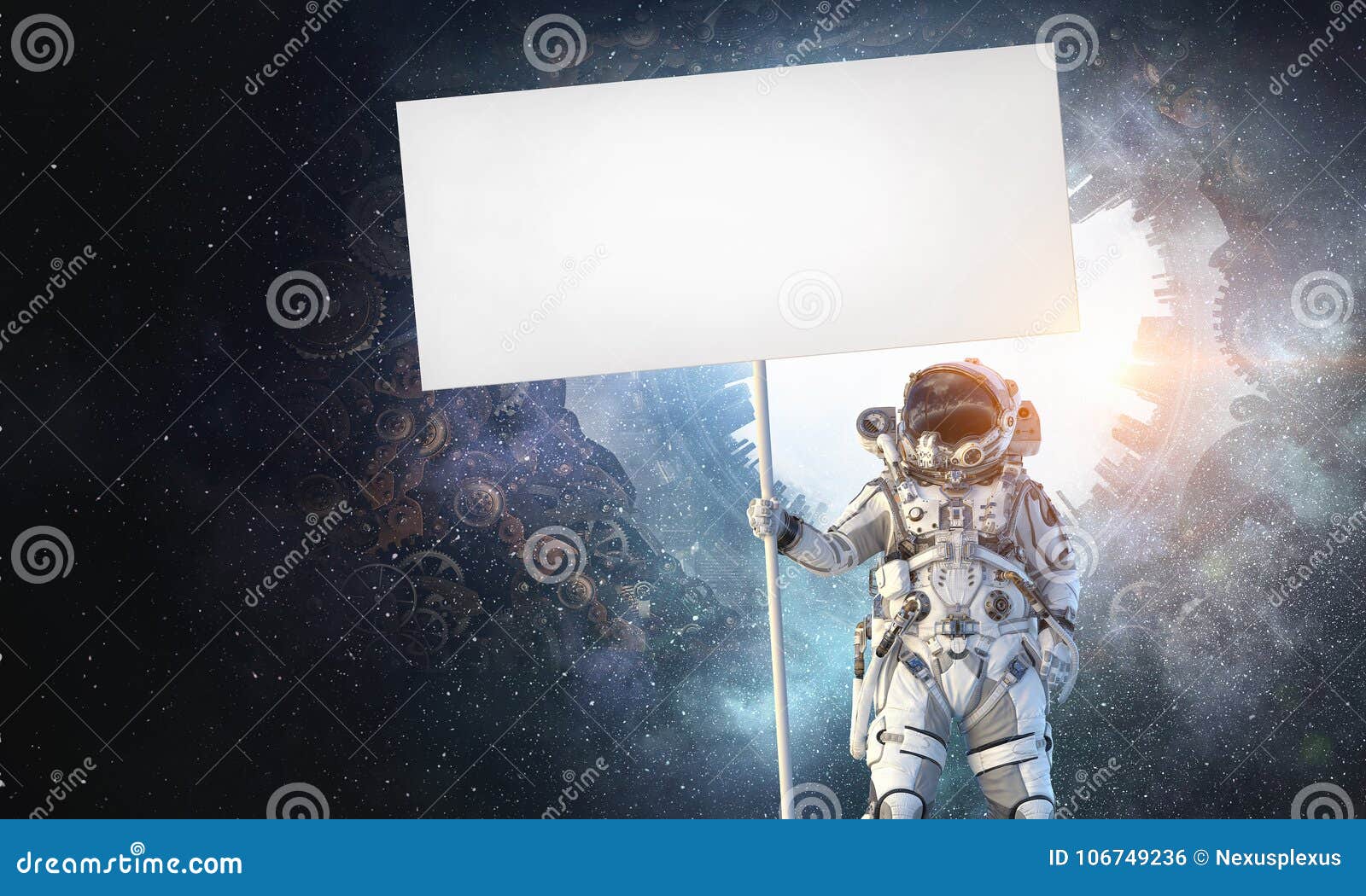 Spaceman with Banner. Mixed Media Stock Photo - Image of helmet ...