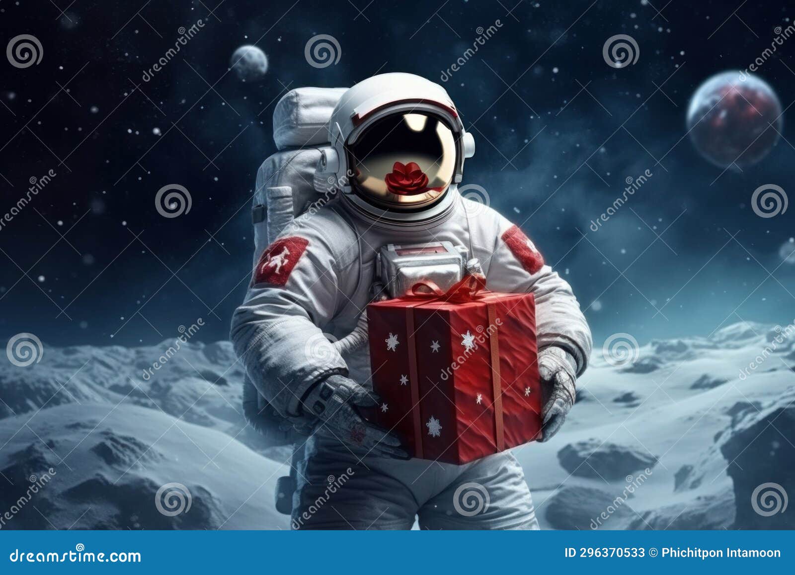 An Astronaut Holding a Christmas Gift Box on the Moon, . Generative AI ...