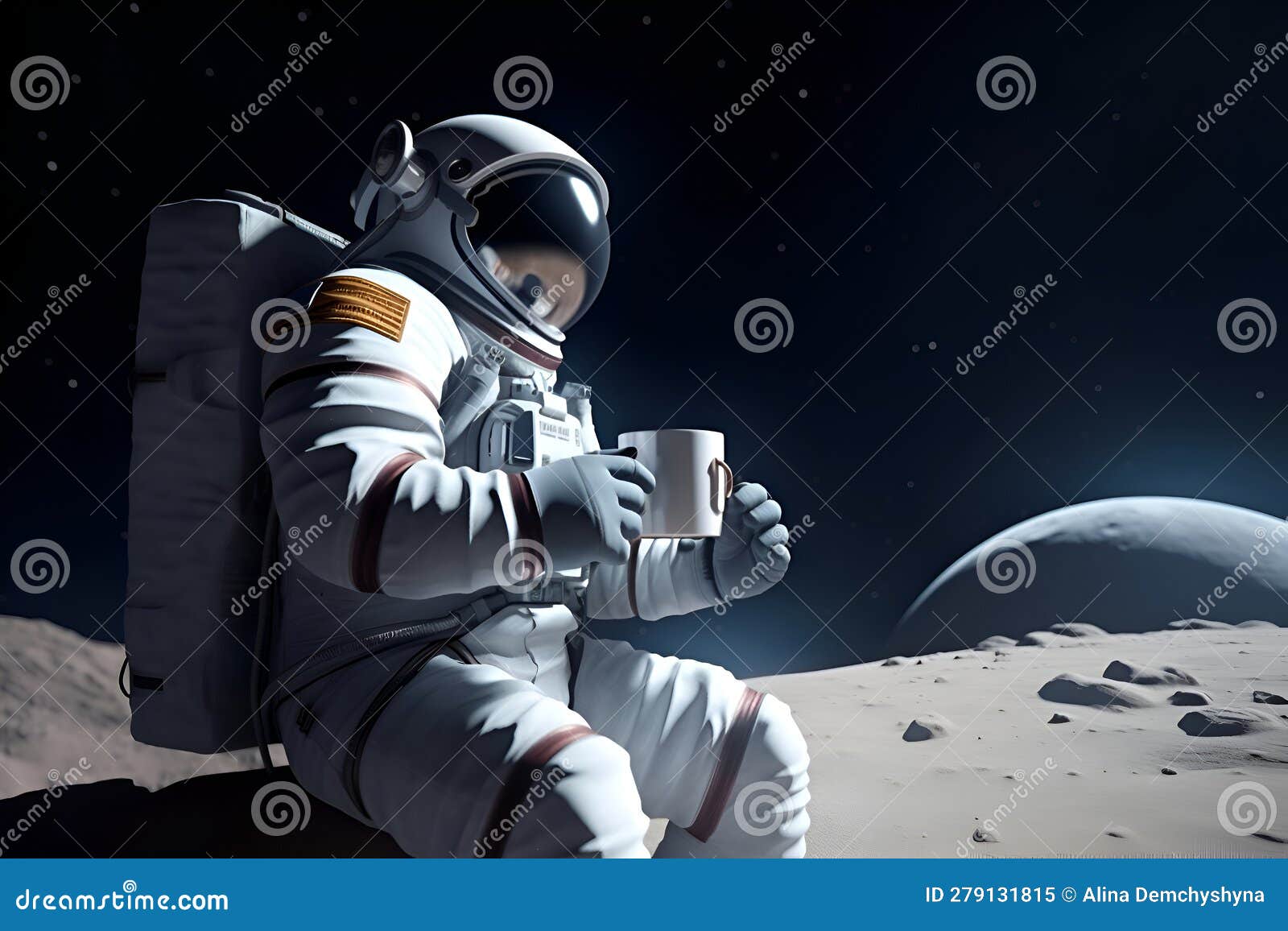An Astronaut Holds a Cup of Coffee on the Surface of the Moon ...