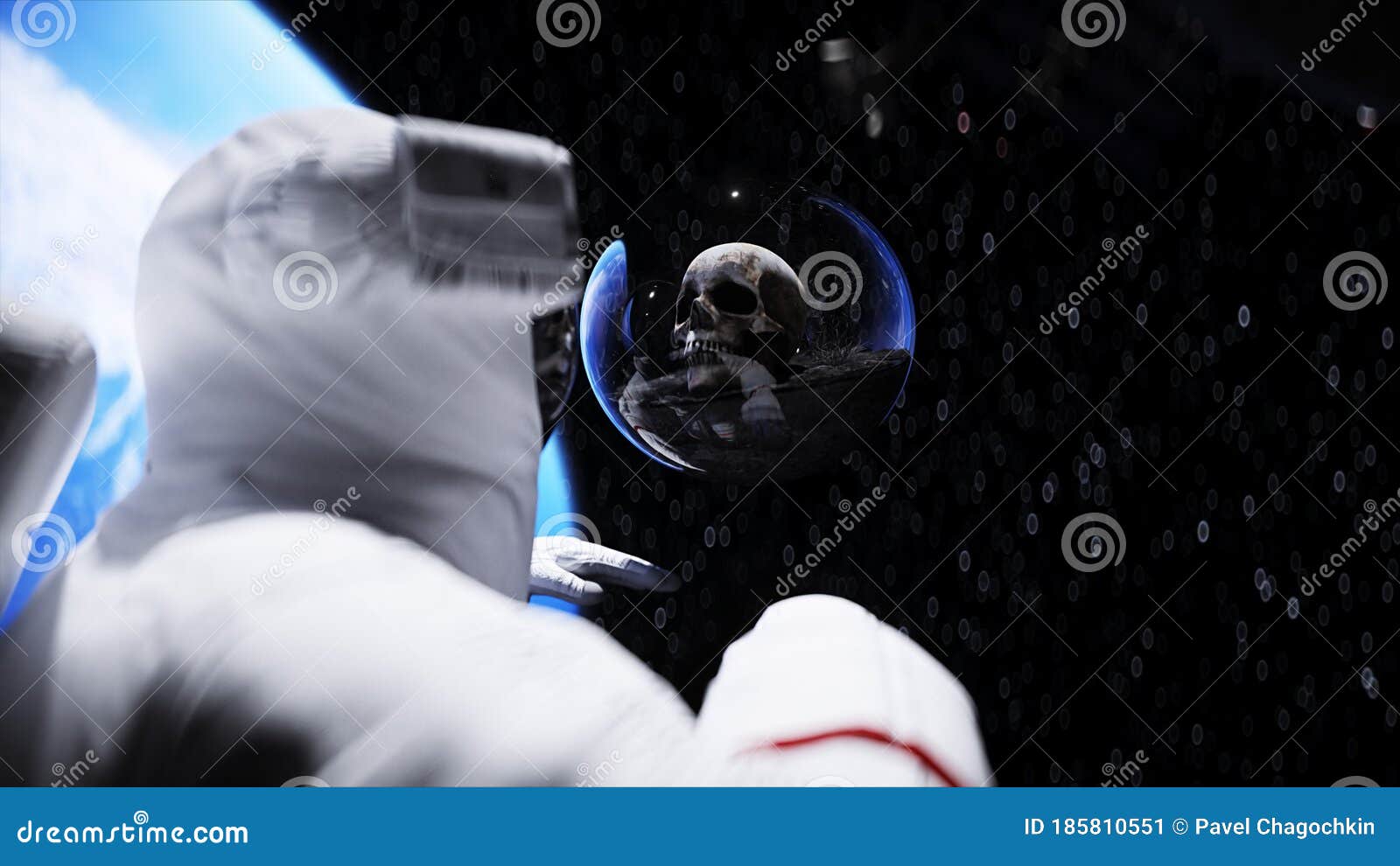 Astronaut and Human Skull in Outer Space in Glass Sphere. Apocalypse ...
