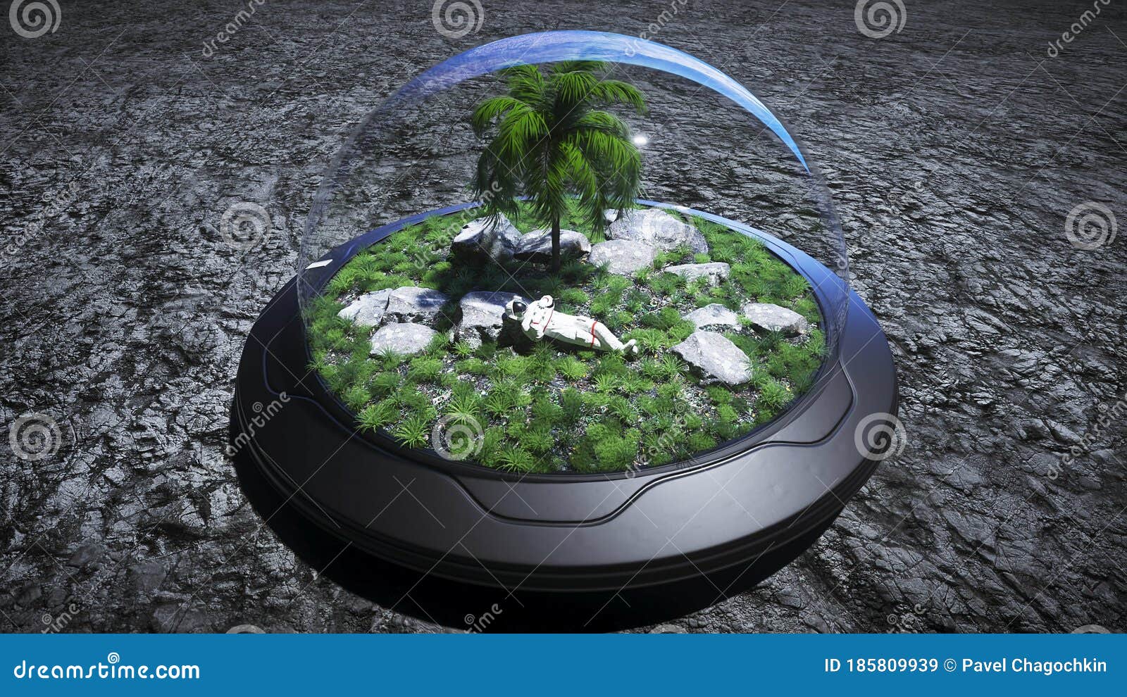 Astronaut Idle on the Moon Oasis. 3d Rendering. Stock Illustration ...
