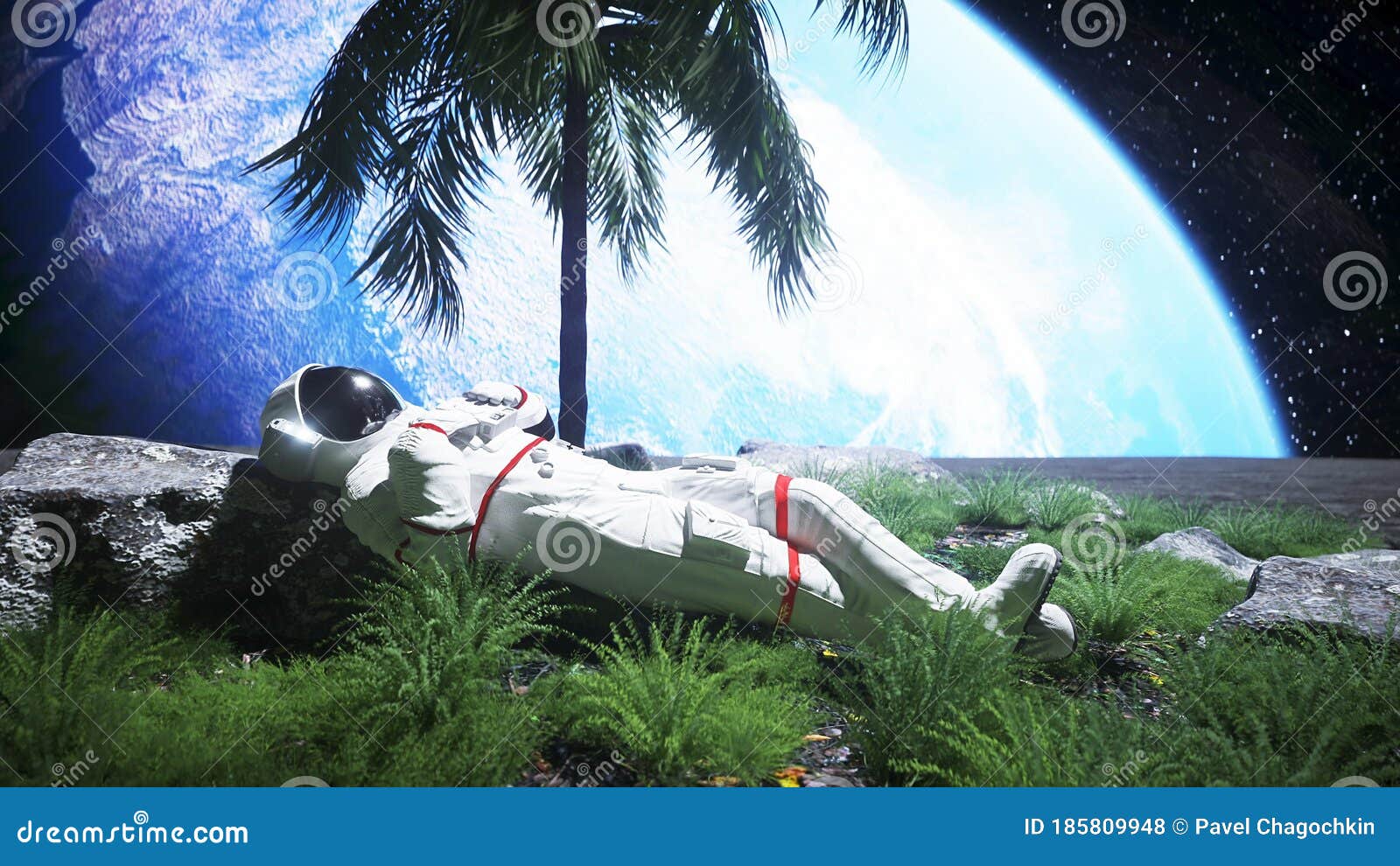 Astronaut Idle On The Moon Oasis. 3d Rendering. Royalty-Free Stock ...