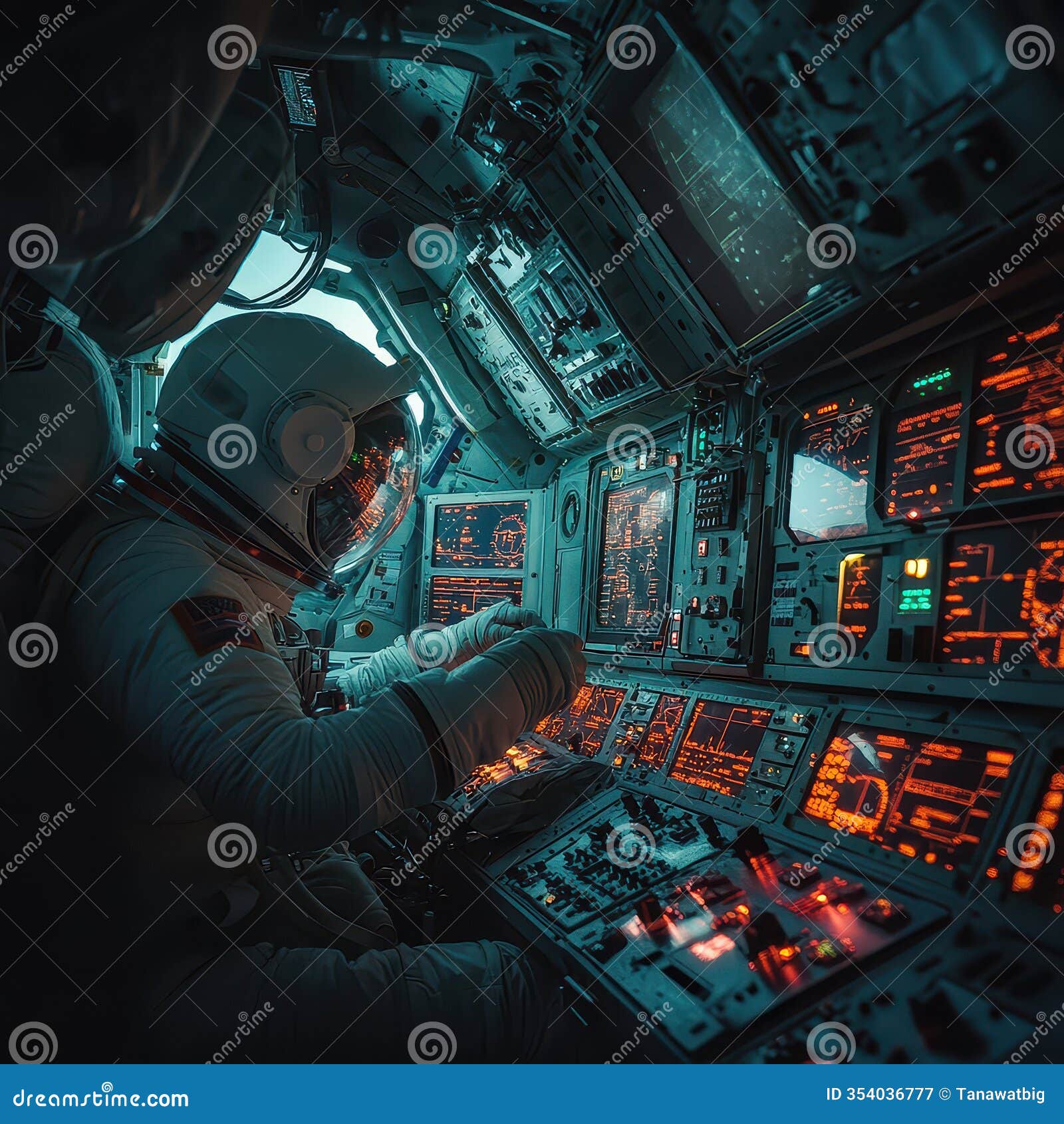 Astronaut Inside Control Room of Spacecraft with Colorful Displays ...