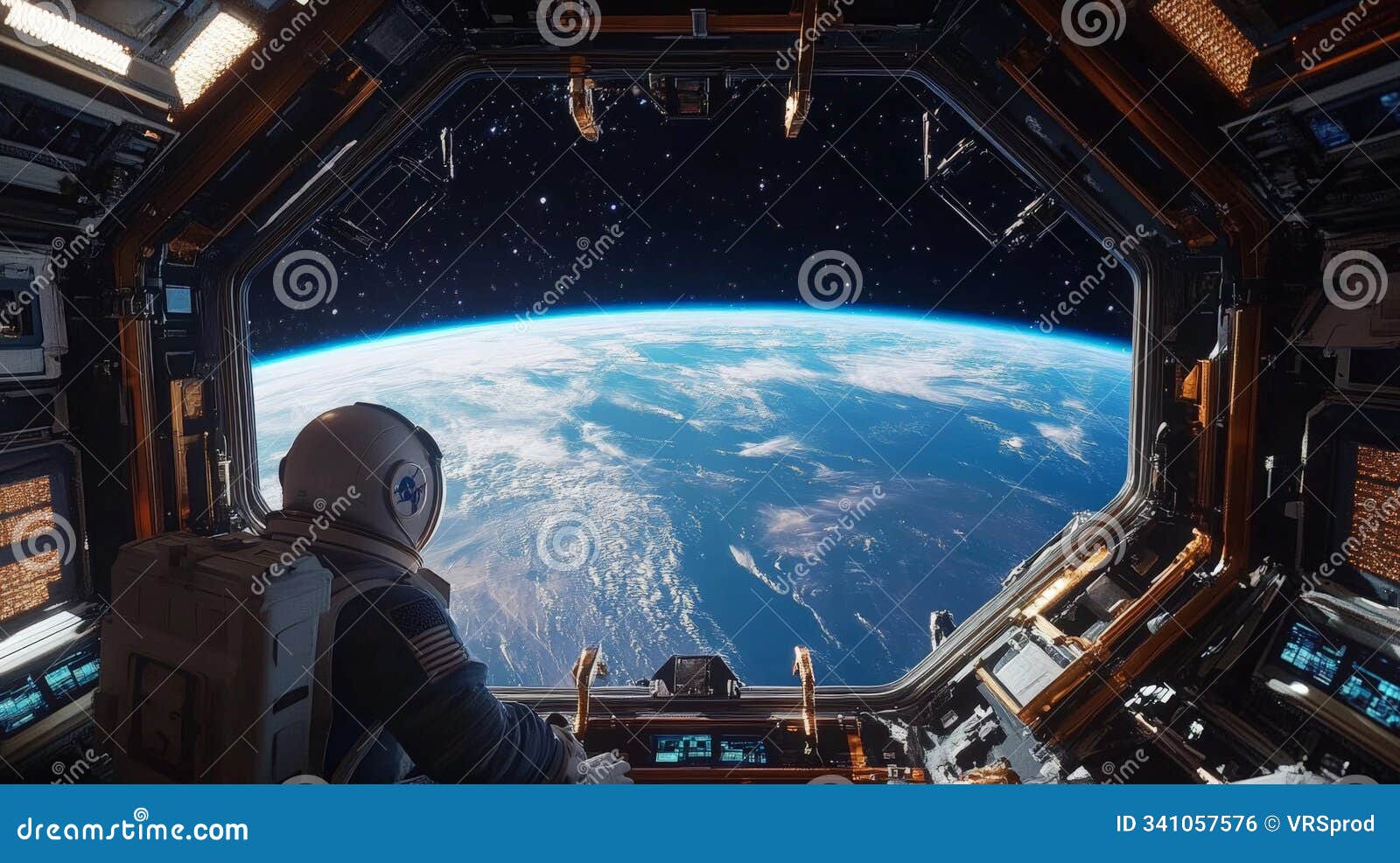 Astronaut Inside Spacecraft Viewing Earth through Window Stock Photo ...