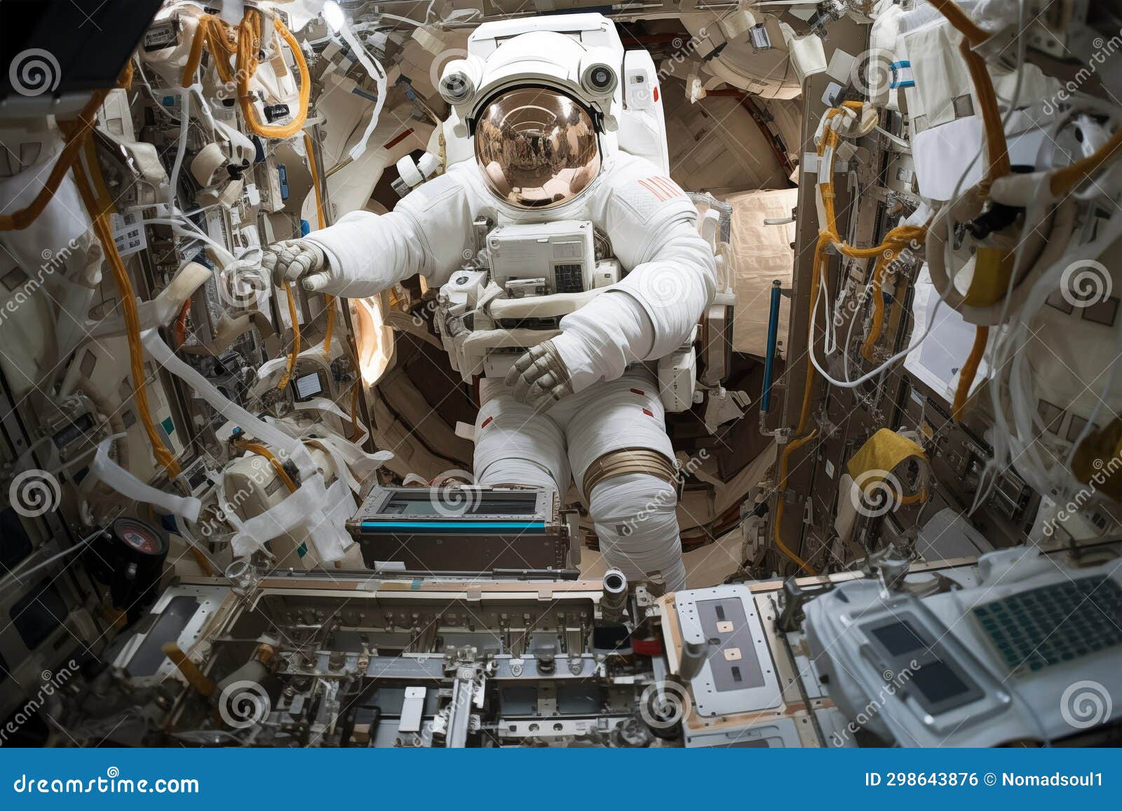 Astronaut Inside Spaceship Cockpit with Various Cable and Wires ...