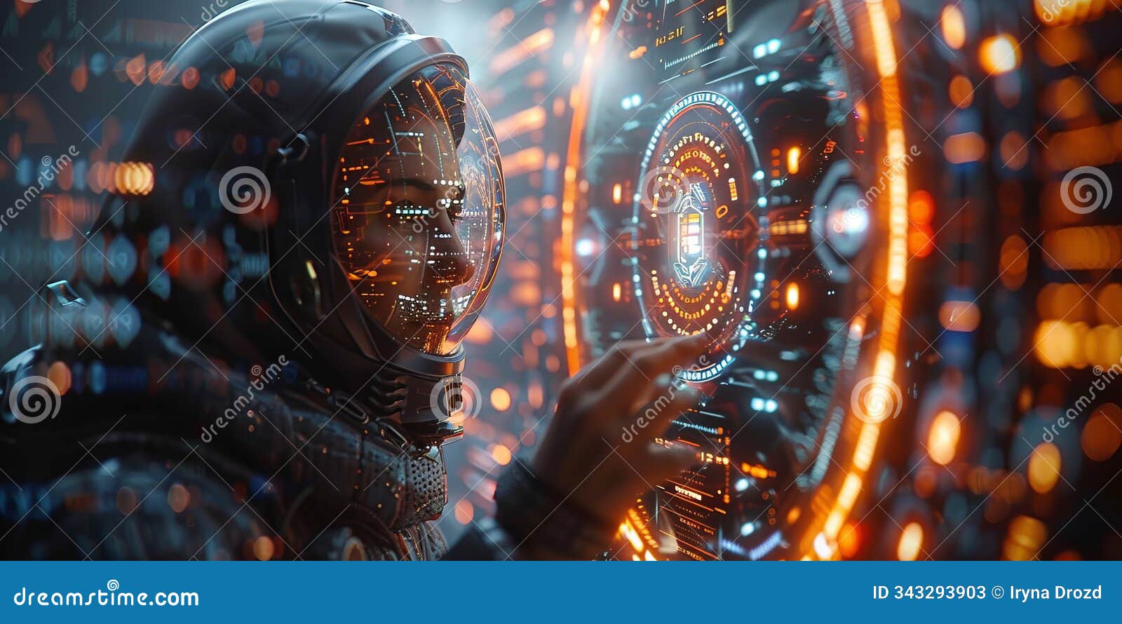 Astronaut Interacting with a Holographic Control Panel, Symbolizing Space Exploration ...