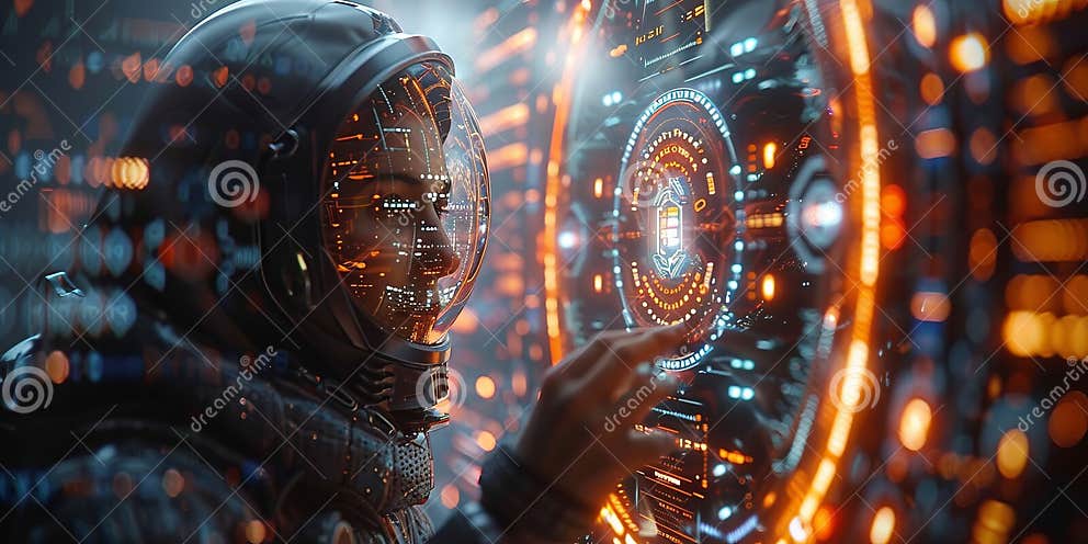 Astronaut Interacting with a Holographic Control Panel, Symbolizing ...