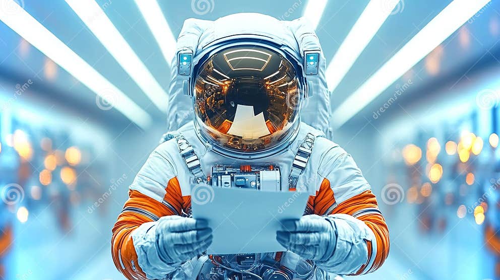 Astronaut Interacting with Printer in High-tech Facility during Space ...