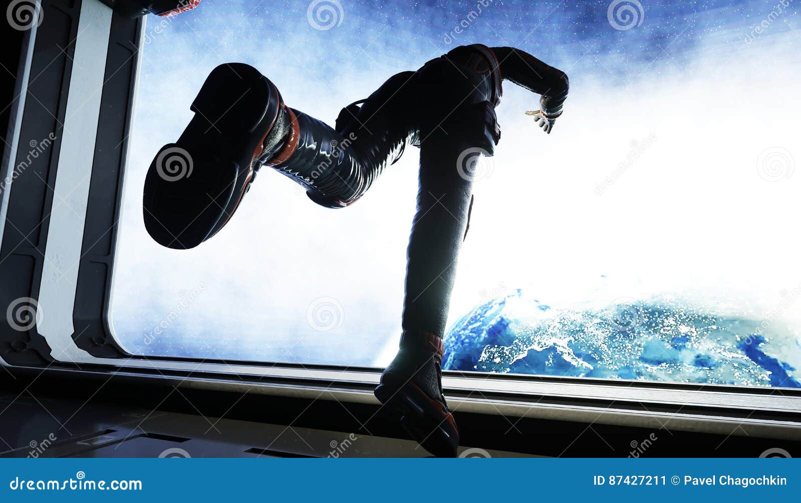 Astronaut Jump into Space. View of the Earth. 3d Rendering. Stock ...