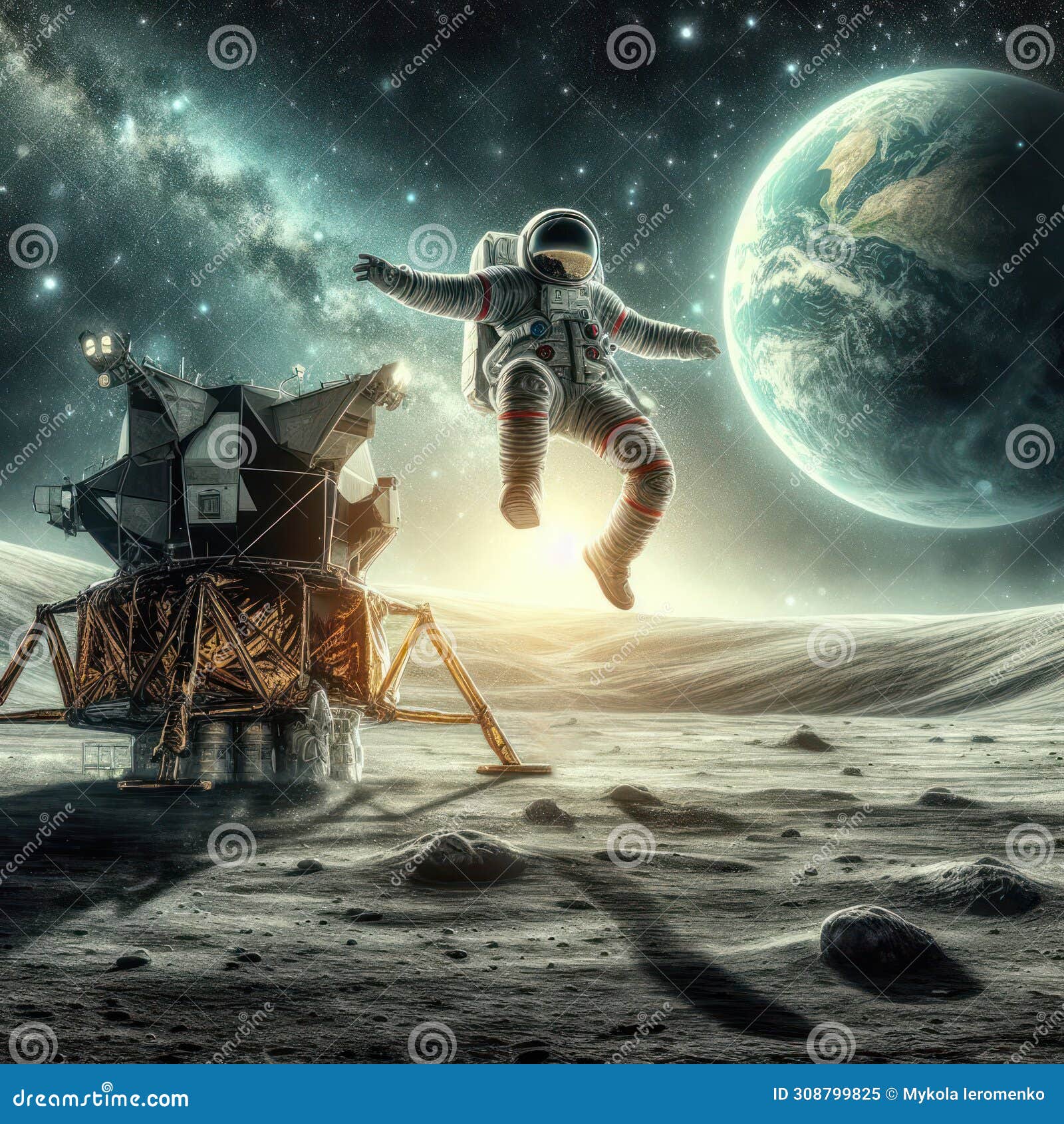 Astronaut Jumping on the Moon with the Background of the Ship and the ...