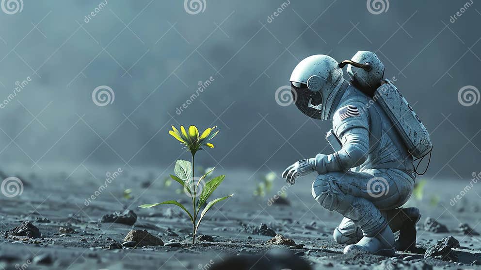 An Astronaut is Kneeling Down Looking at a Solitary Flower Growing Up ... An Astronaut is Kneeling Down Looking at a Solitary Flower Growing Up ...