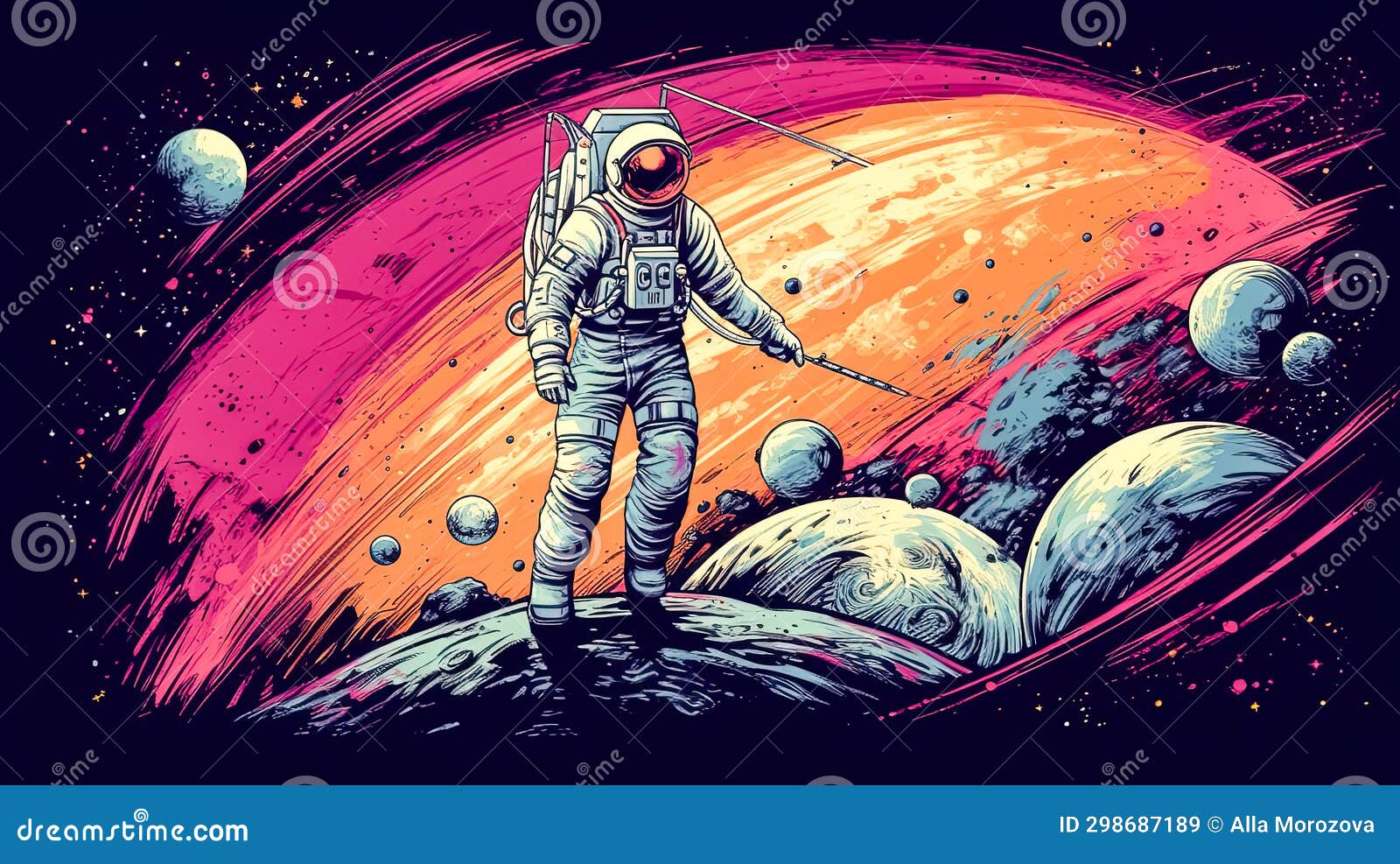 An Astronaut Leaps through the Cosmic Void Stock Illustration ...