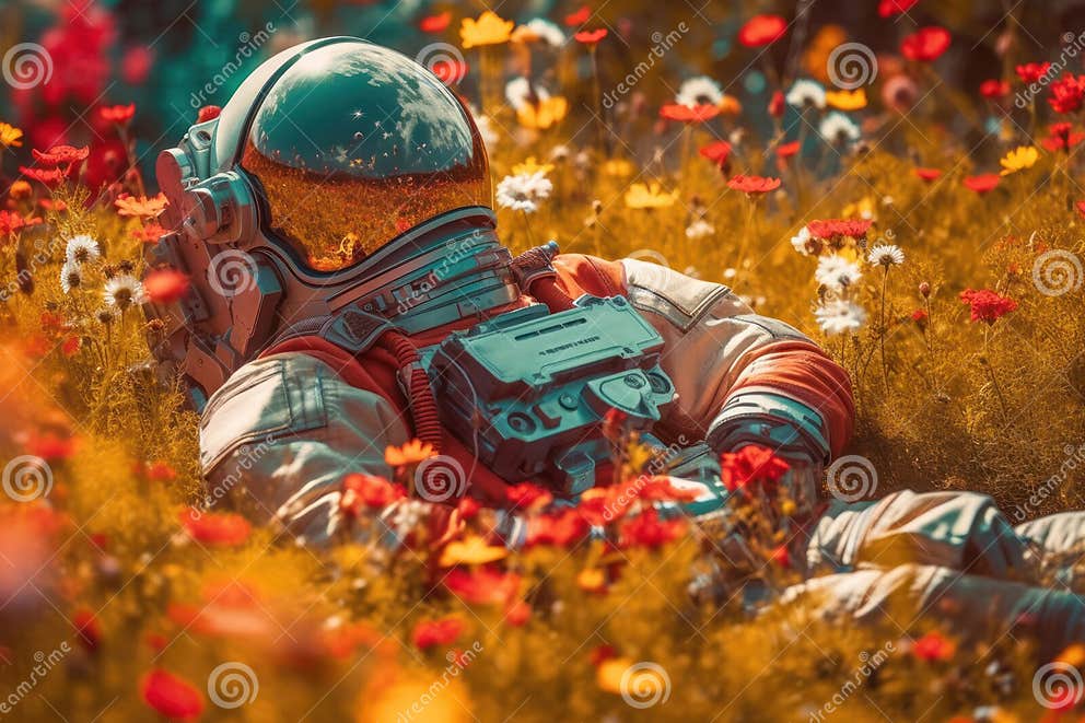 Astronaut Lying in Flower Field. Created with Generative AI Stock ...
