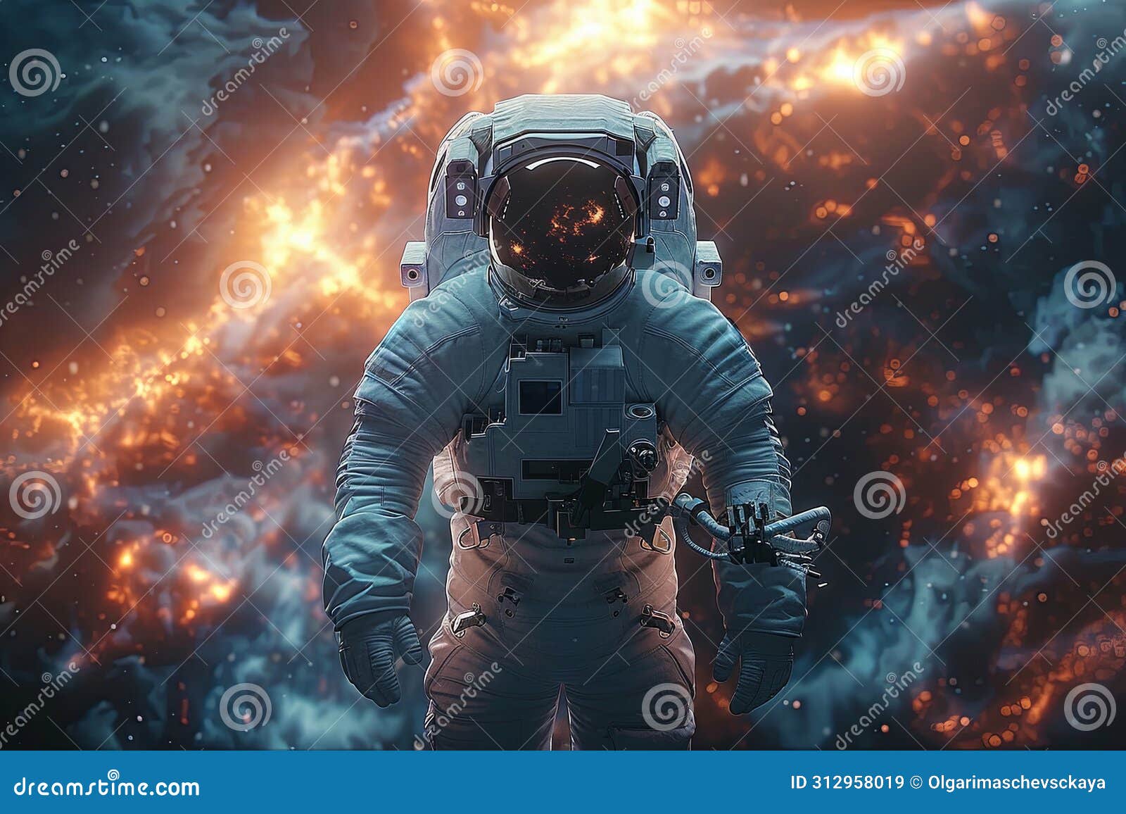 Astronaut Man in a White Spacesuit Stands in Front of a Fiery Explosion ...