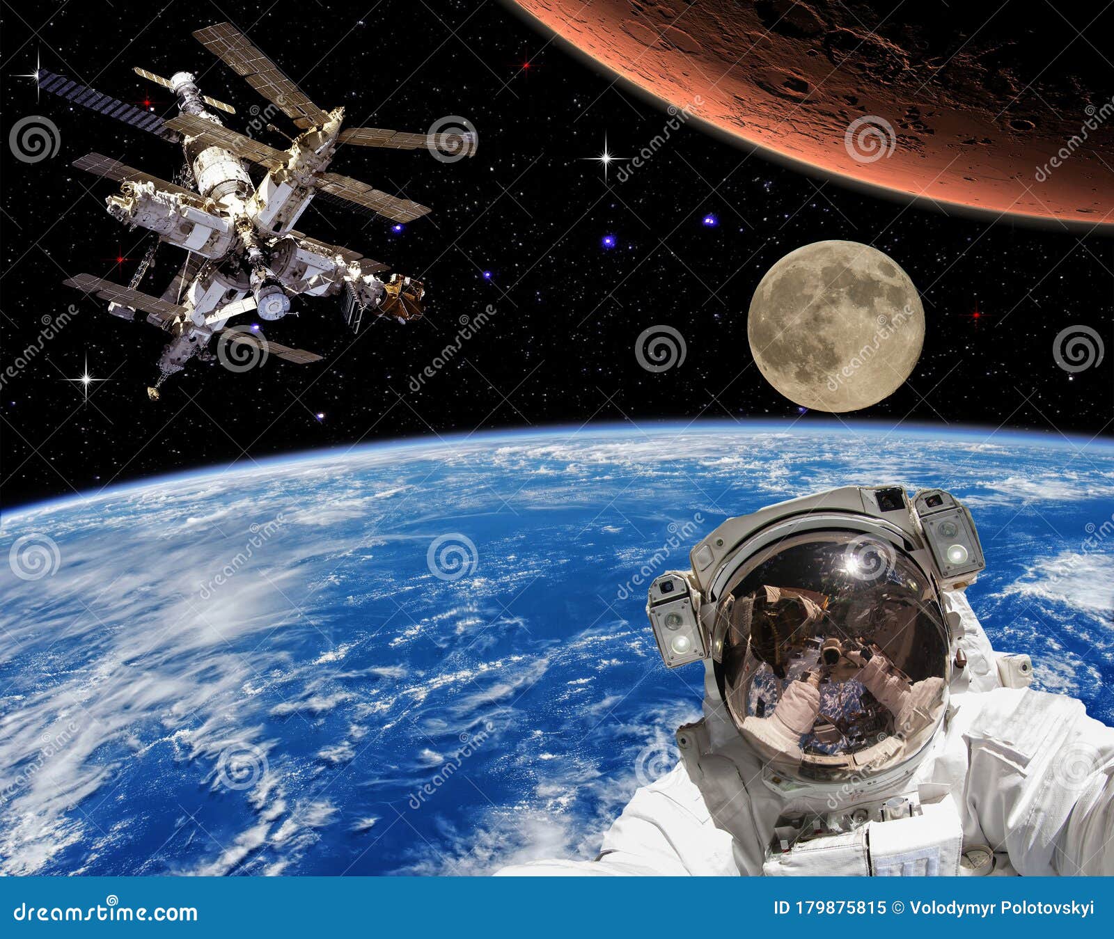 Astronaut, Mars and Moon. the Elements of this Image Furnished by NASA ...