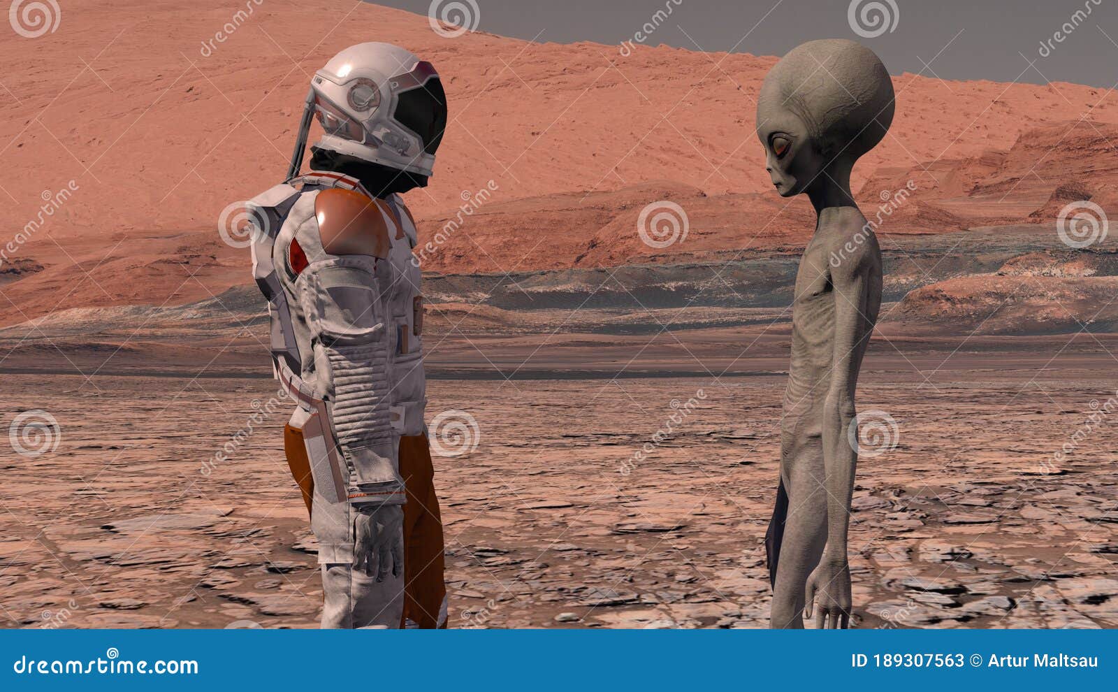 Astronaut Meets a Martian on Mars. First Contact. Alien on Mars ...