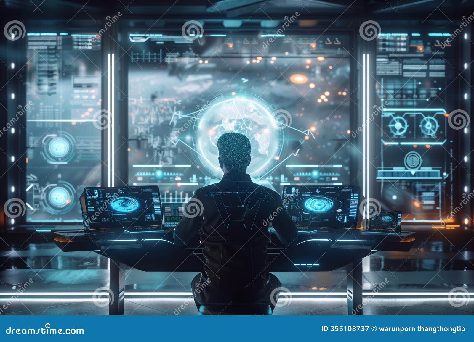 Astronaut Monitors Advanced Technology Aboard Futuristic Spacecraft ...