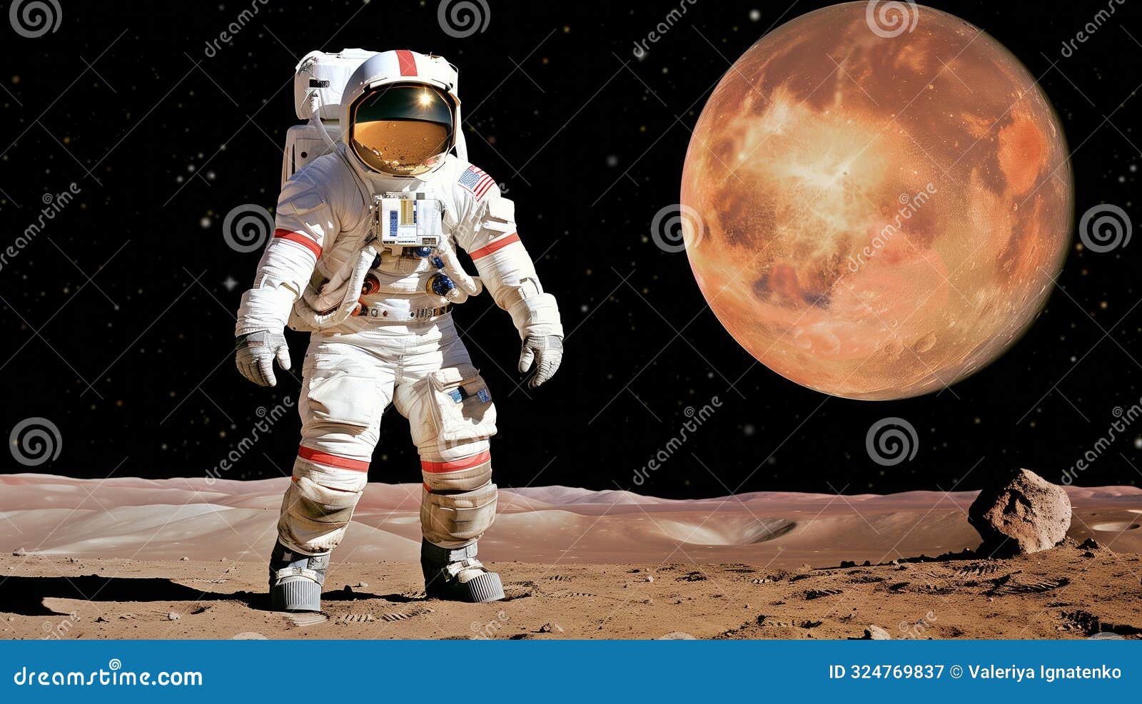 Astronaut on the Moon, Facing Full Moon, in Front of Astronomical ...