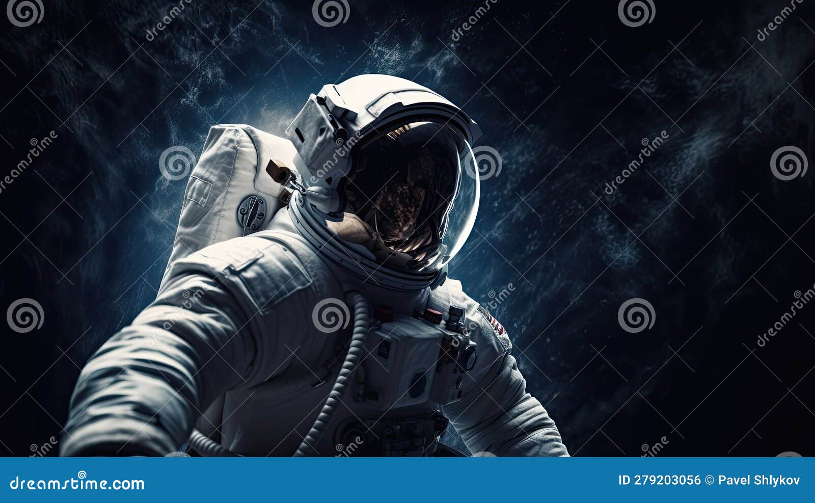 Astronaut in Open Space on Orbit of Earth Planet. Shadow of Night and ...