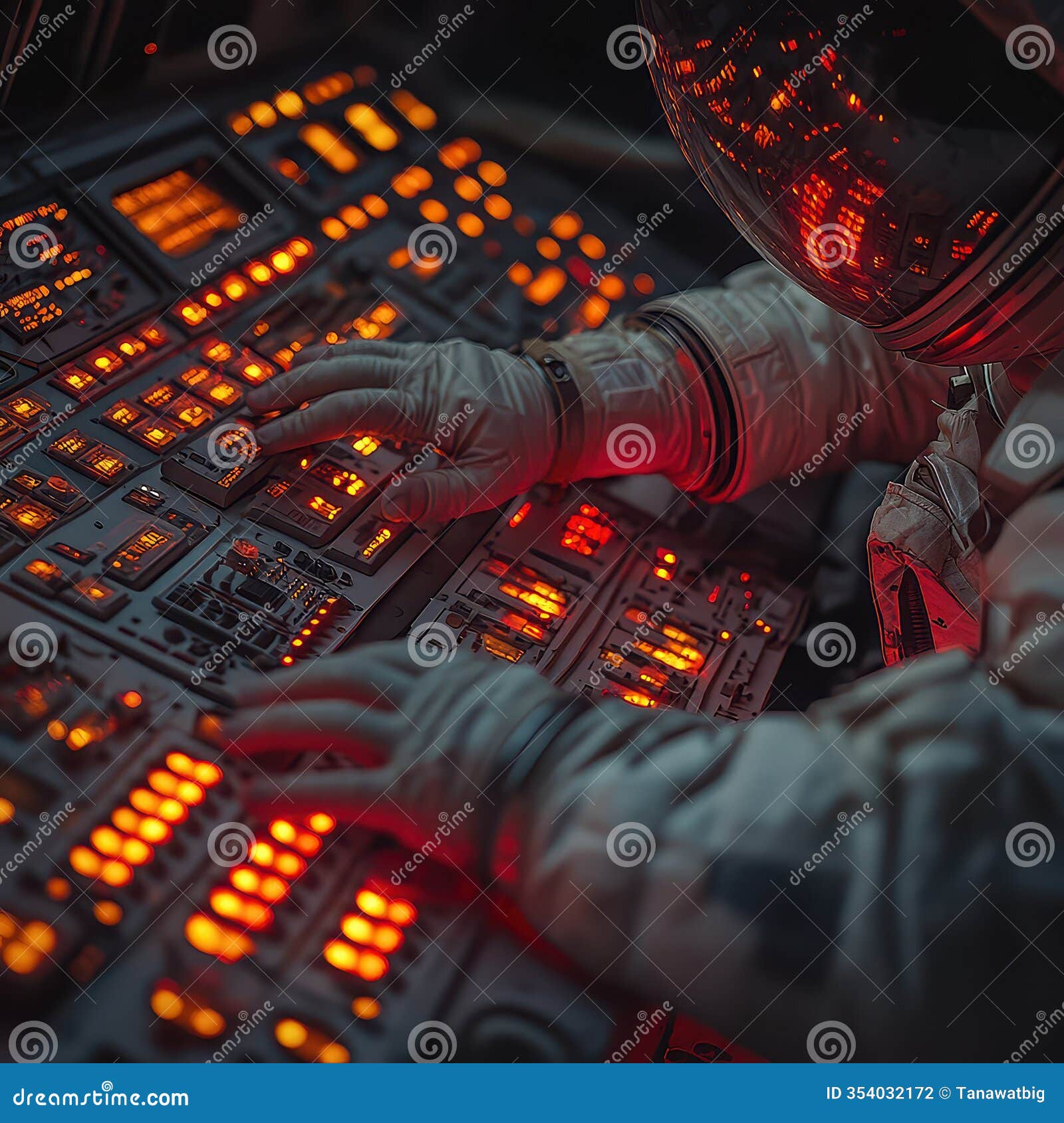 Astronaut Operates Control Panel with Glowing Buttons in Space Stock ...