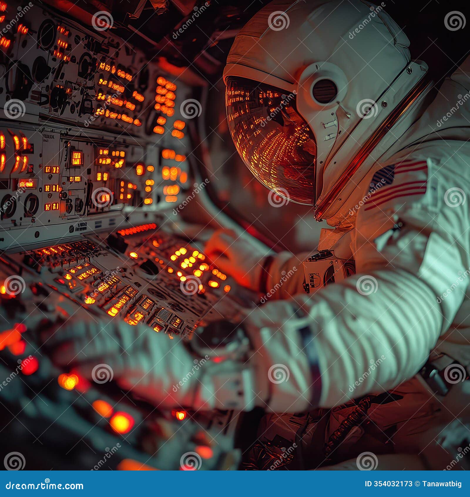 Astronaut Operating Control Panel in Futuristic Space Environment Stock ...