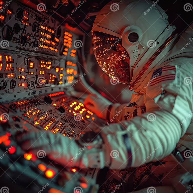 Astronaut Operating Control Panel in Futuristic Space Environment Stock ...