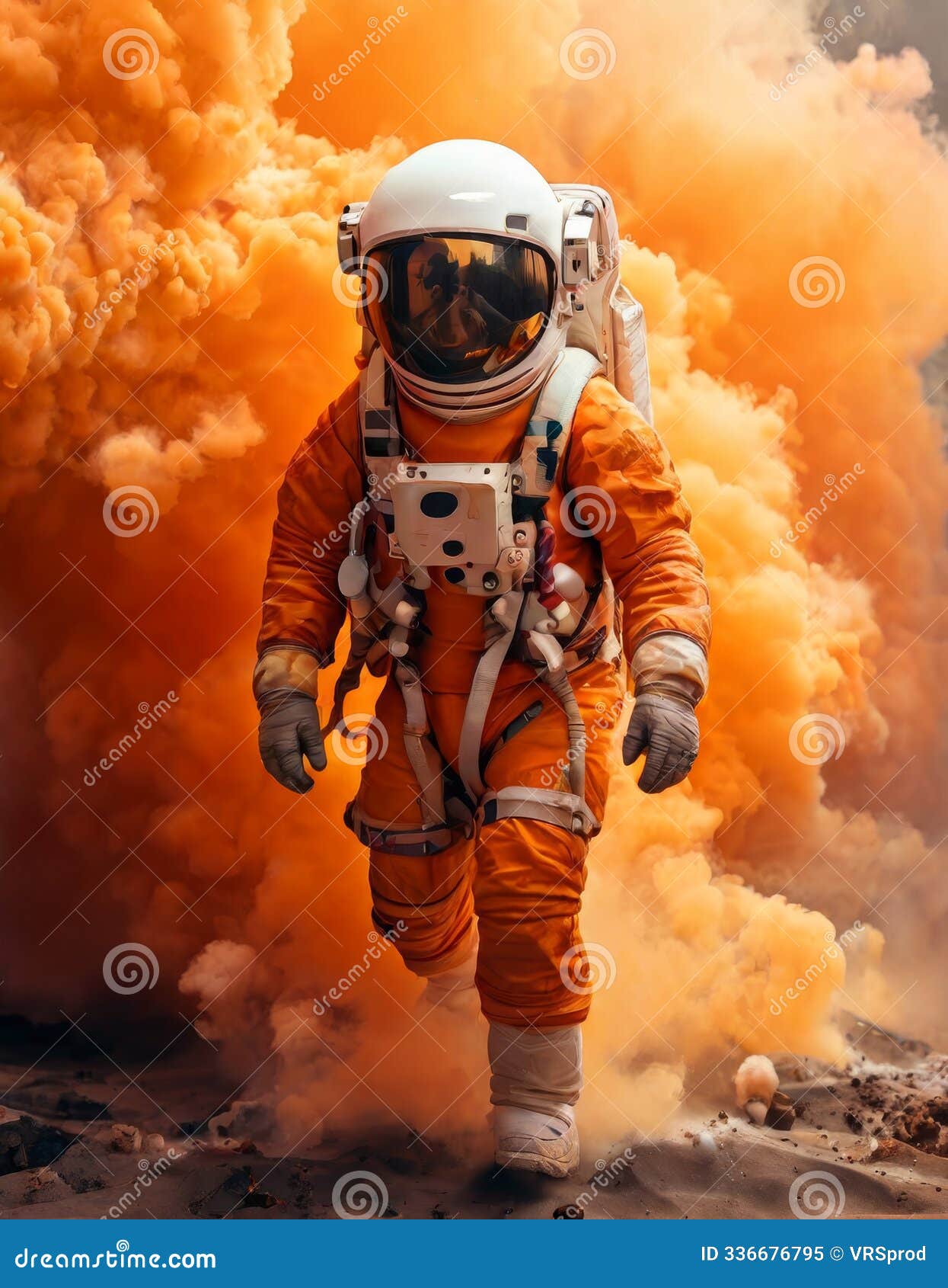 Astronaut in Orange Suit Walking through Thick Orange Smoke Stock Image ...