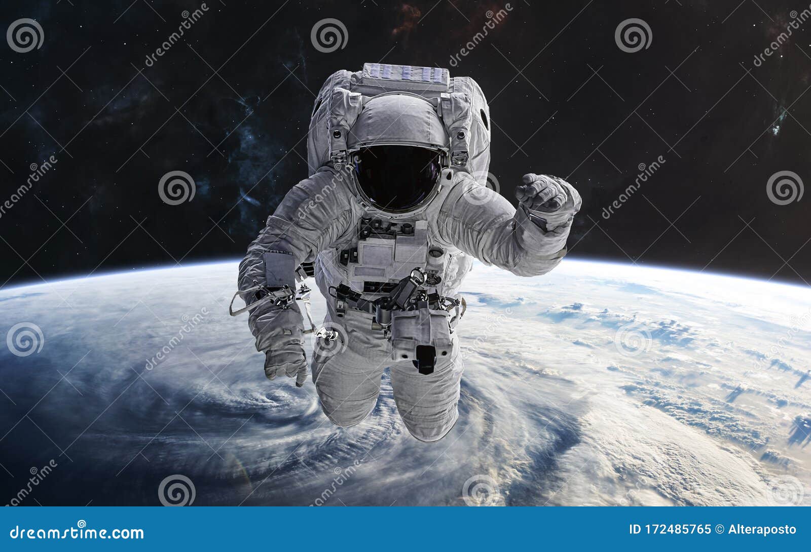 Astronaut In Orbit Of The Planet Earth. Solar System Science Fiction ...