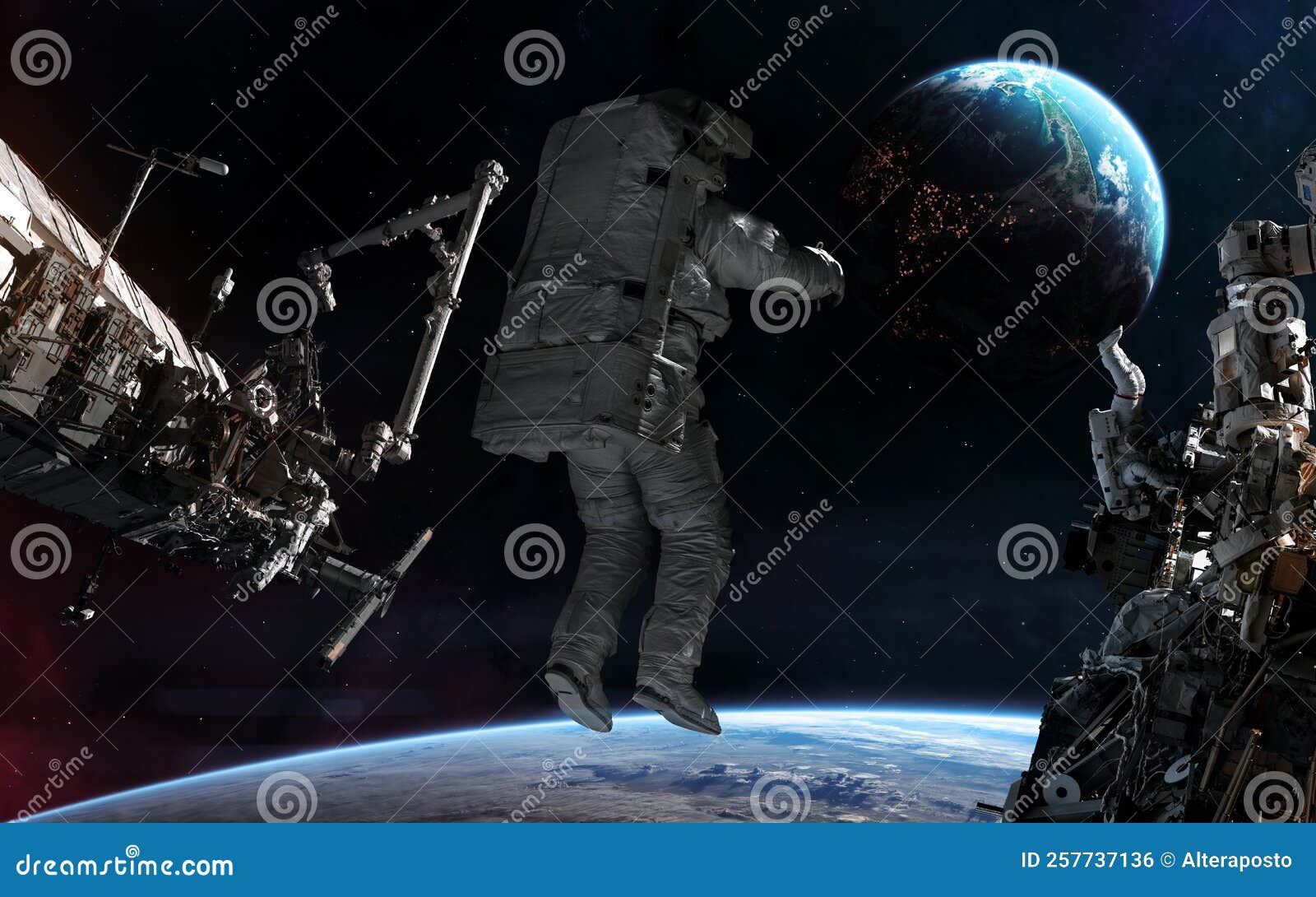 Astronaut, Orbiting Space Stations and Planets in Deep Space Stock ...