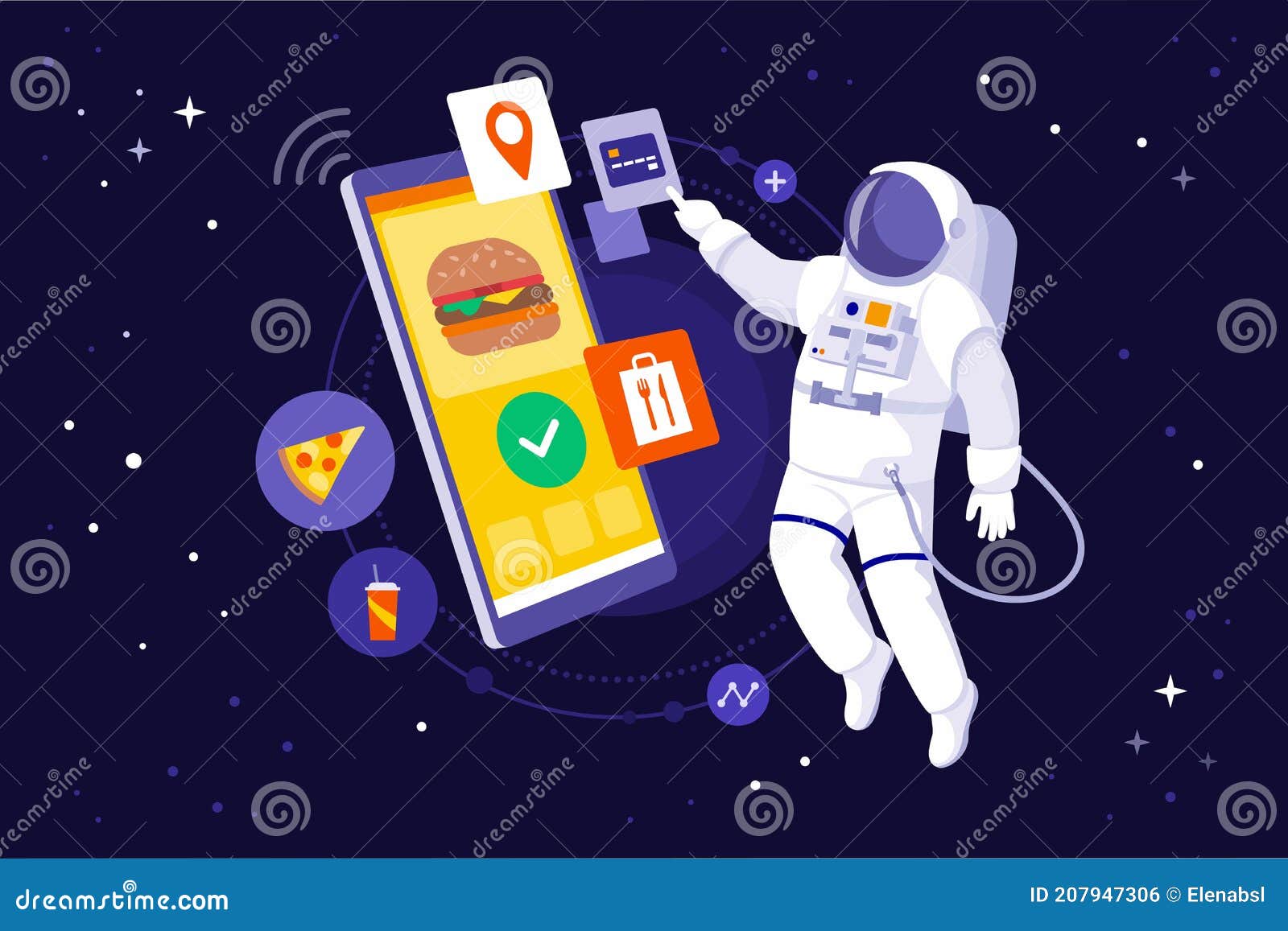 Astronaut Ordering Fast Food In Outer Space Vector Illustration ...