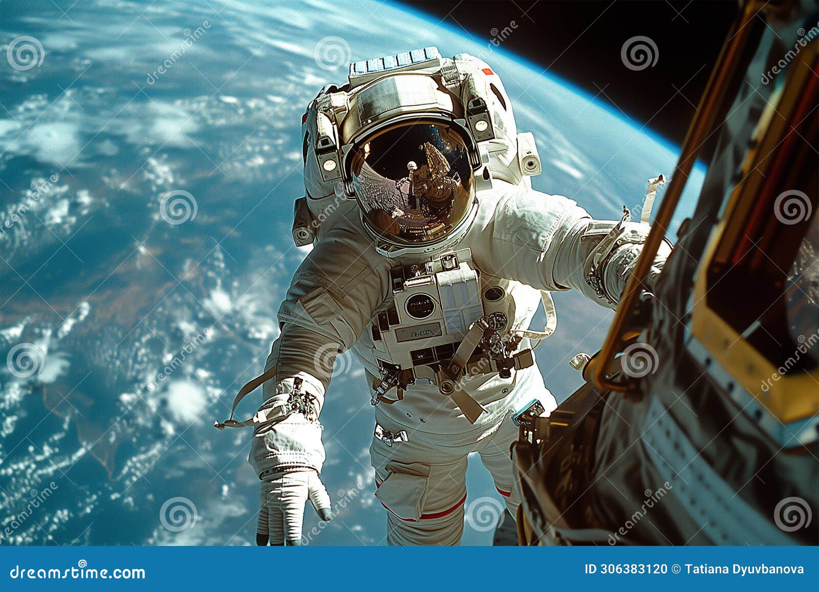 Astronaut in Outer Space. Earth is Visible in the Reflection of the ...