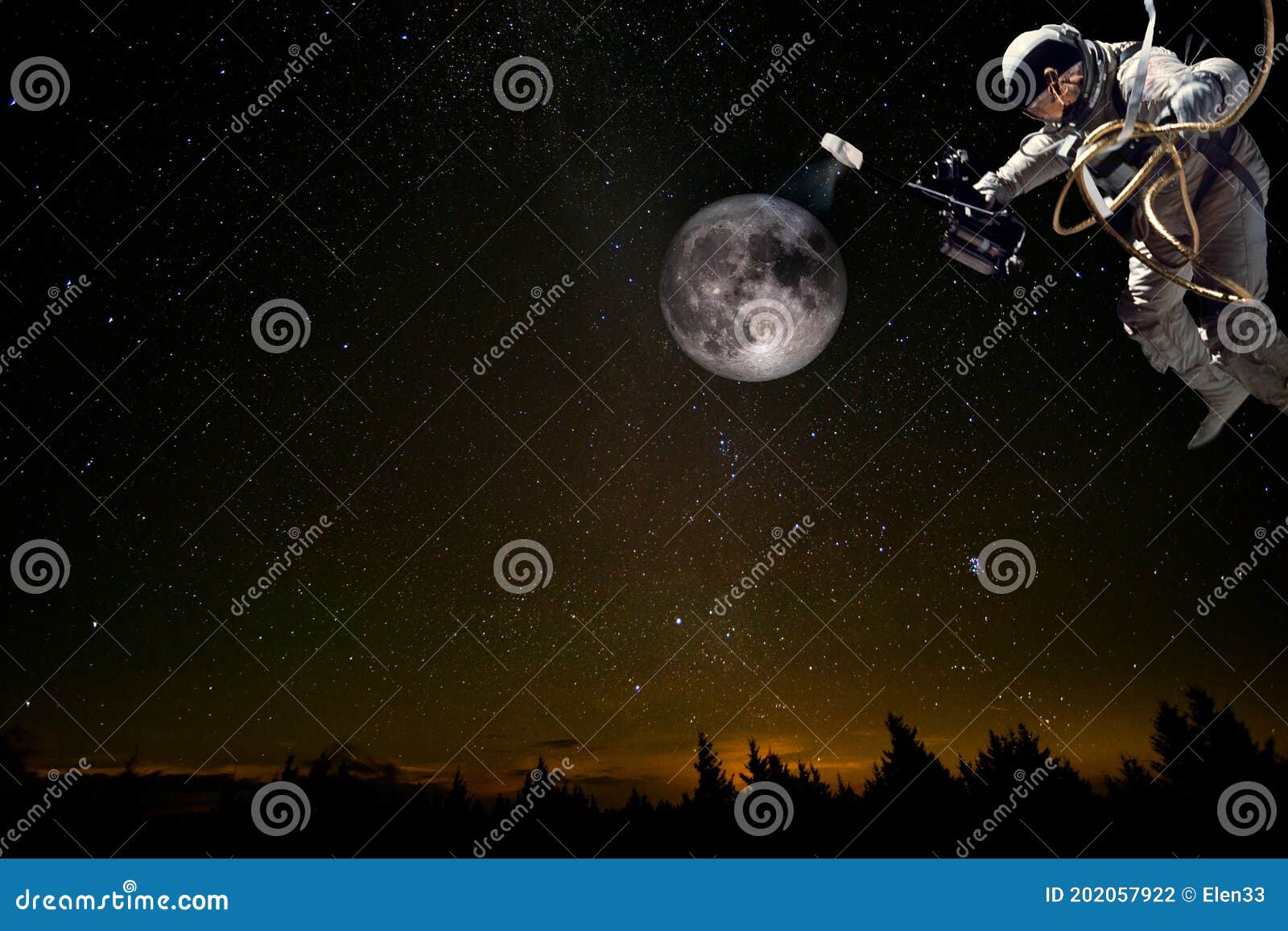 Astronaut in Outer Space Explores the Moon, Illuminating it with Pocket ...