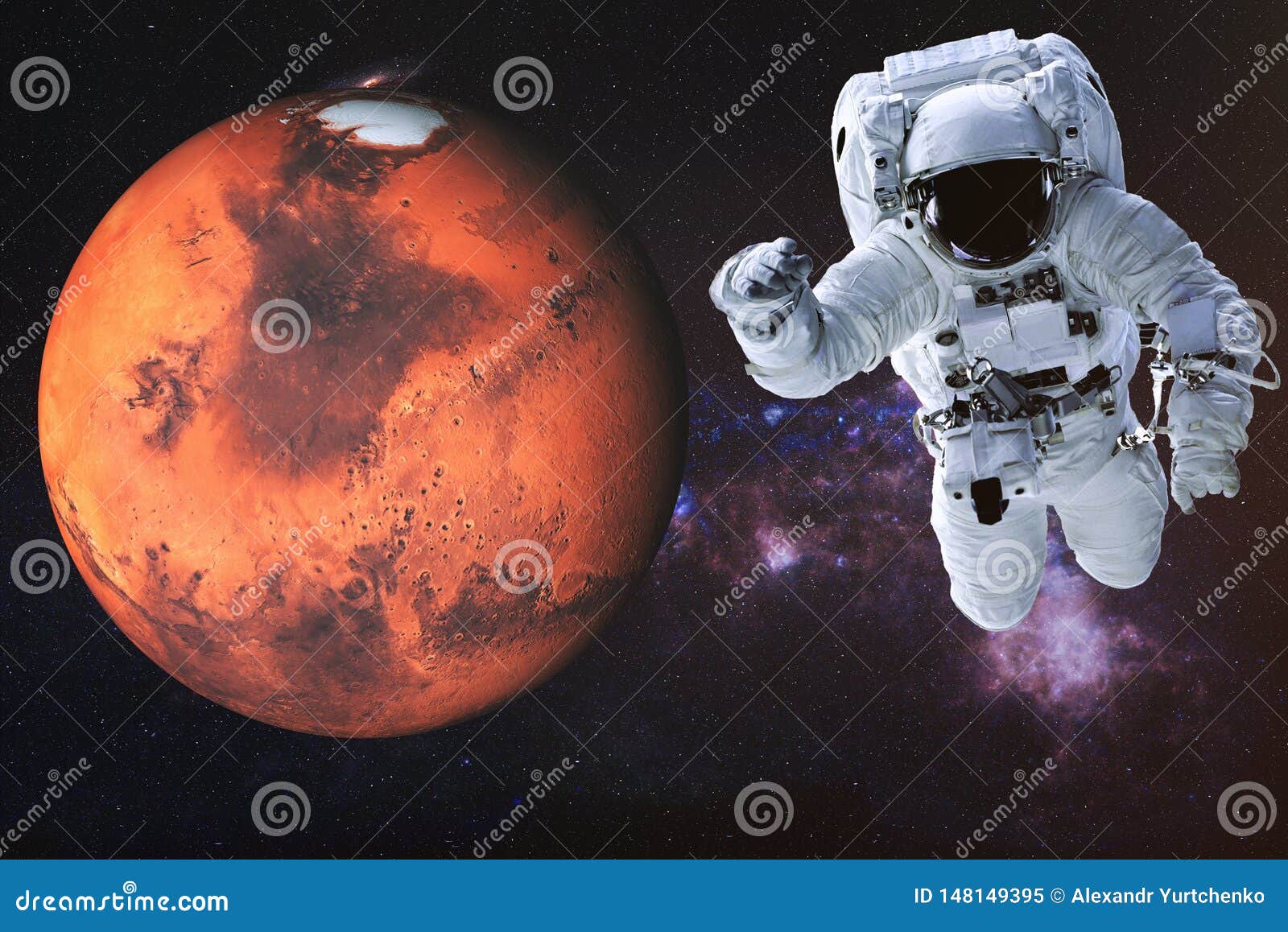 Astronaut in Outer Space Near Mars Planet of Solar System Stock Image ...
