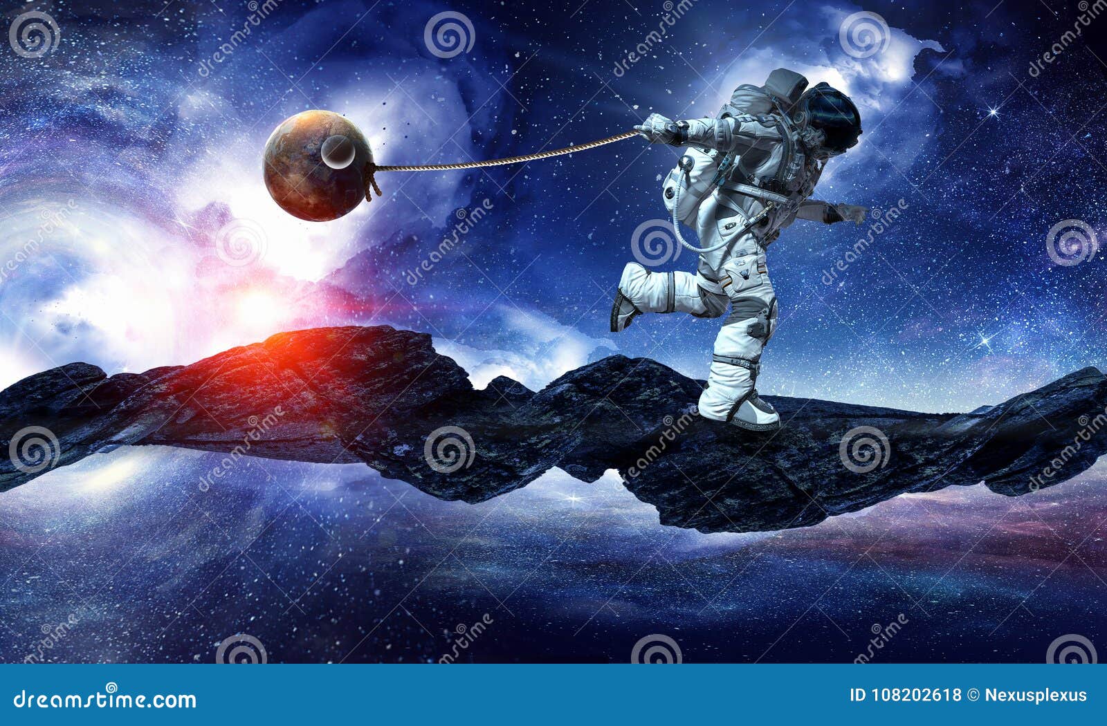 Fantasy Image with Spaceman Catch Planet. Mixed Media Stock Photo ...