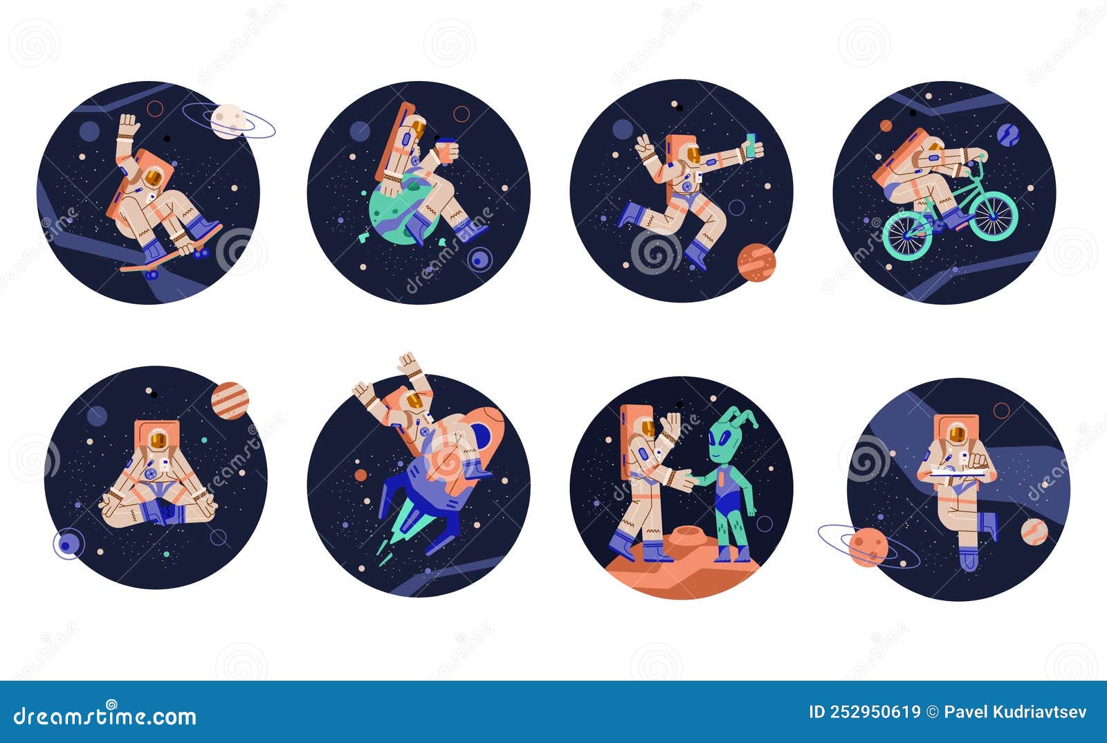 Astronaut in Outer Space, Trendy Round Stickers Set, Flat Vector ...
