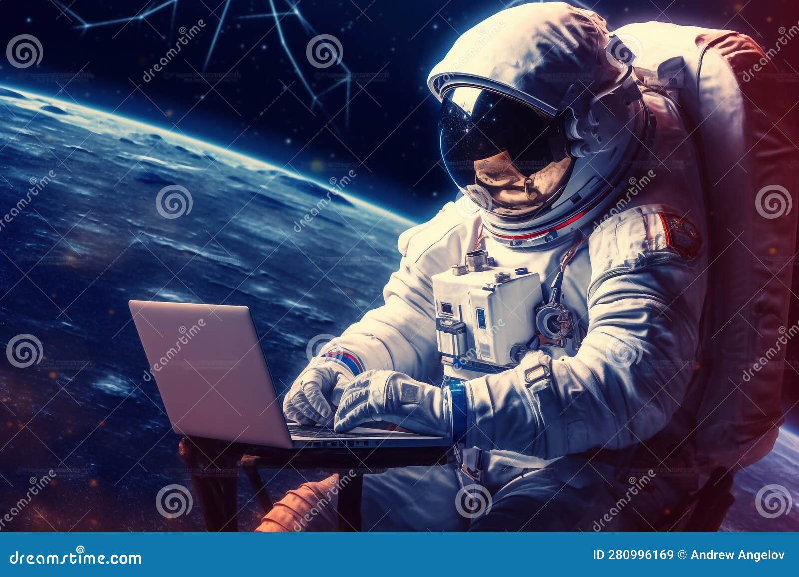 Astronaut in Outer Space Working on a Laptop Generative AI Stock ...