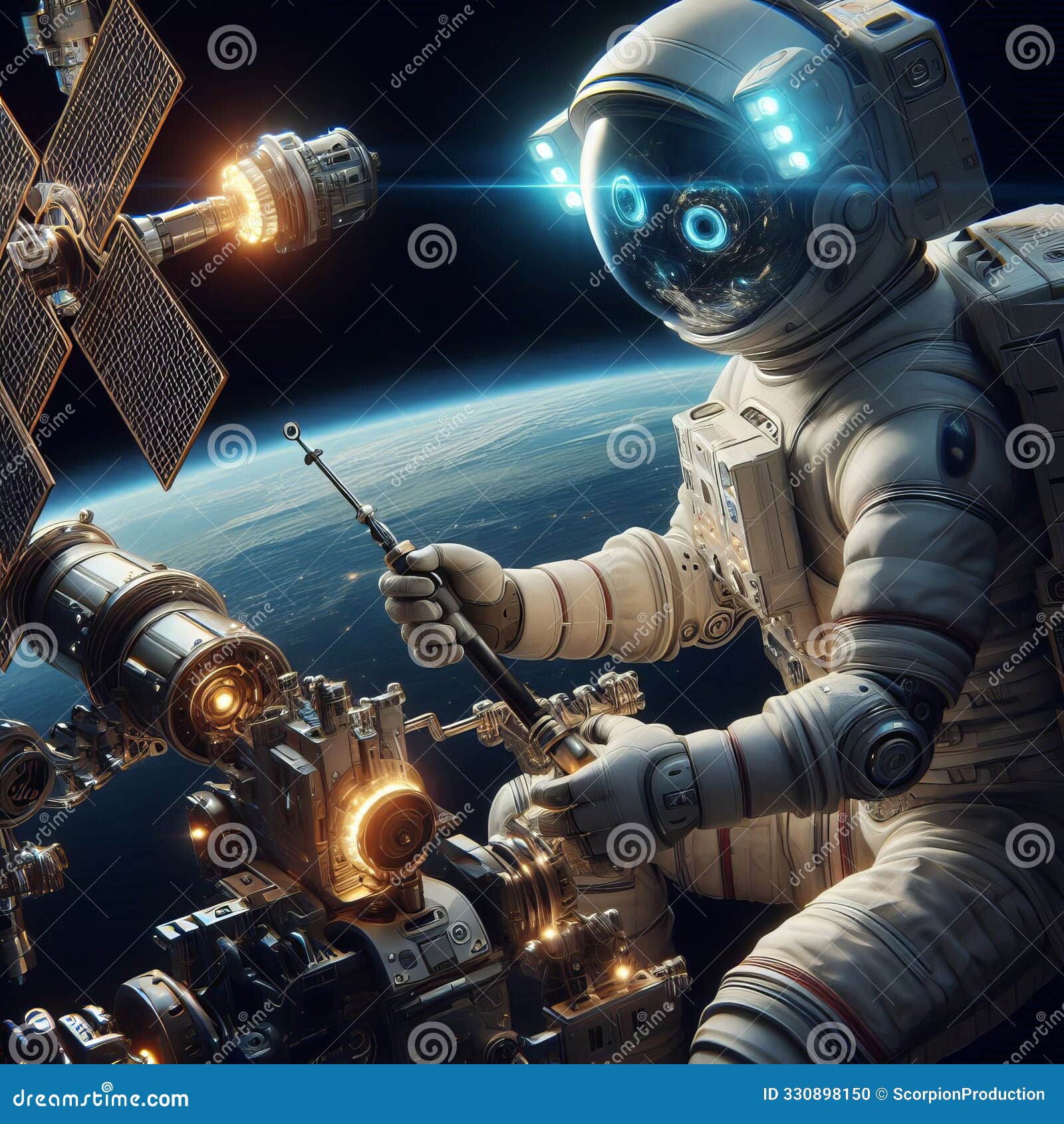 Astronaut Performing Space Station Repairs in Outer Space Stock Photo ...