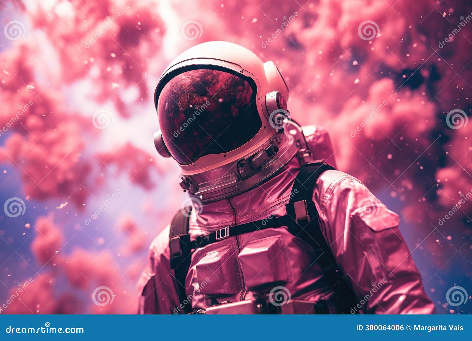 Astronaut in a Pink Spacesuit and Helmet Against a Background of Pink ...