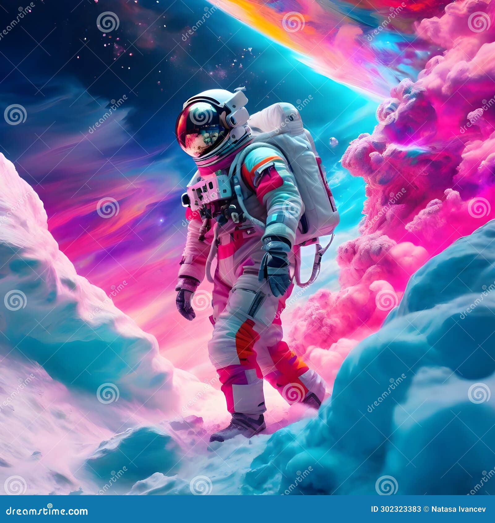 Astronaut in Pink Suit on Pink Clouds Stock Illustration - Illustration ...